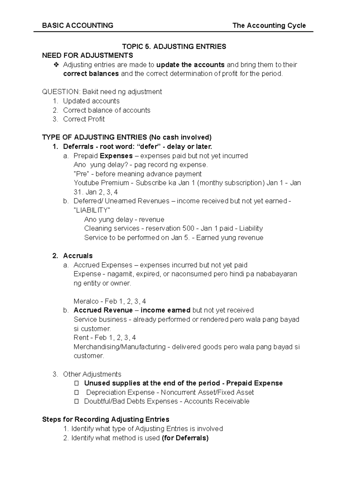 BASIC The Accounting Cycle: Topic 5 - Adjusting Entries Explained - Studocu