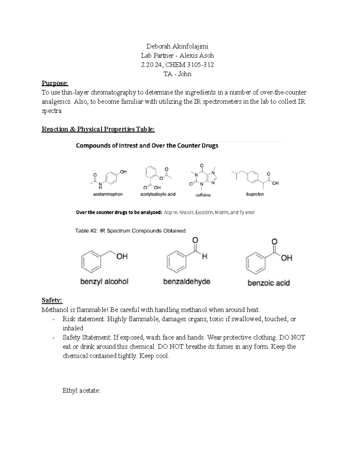 Lab Report 5-Experiment 5: Thin Layer Chromatography (TLC) and Infrared ...
