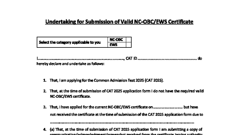 CAT 2025 EWS & OBC Valid Certificate Submission Undertaking - Studocu