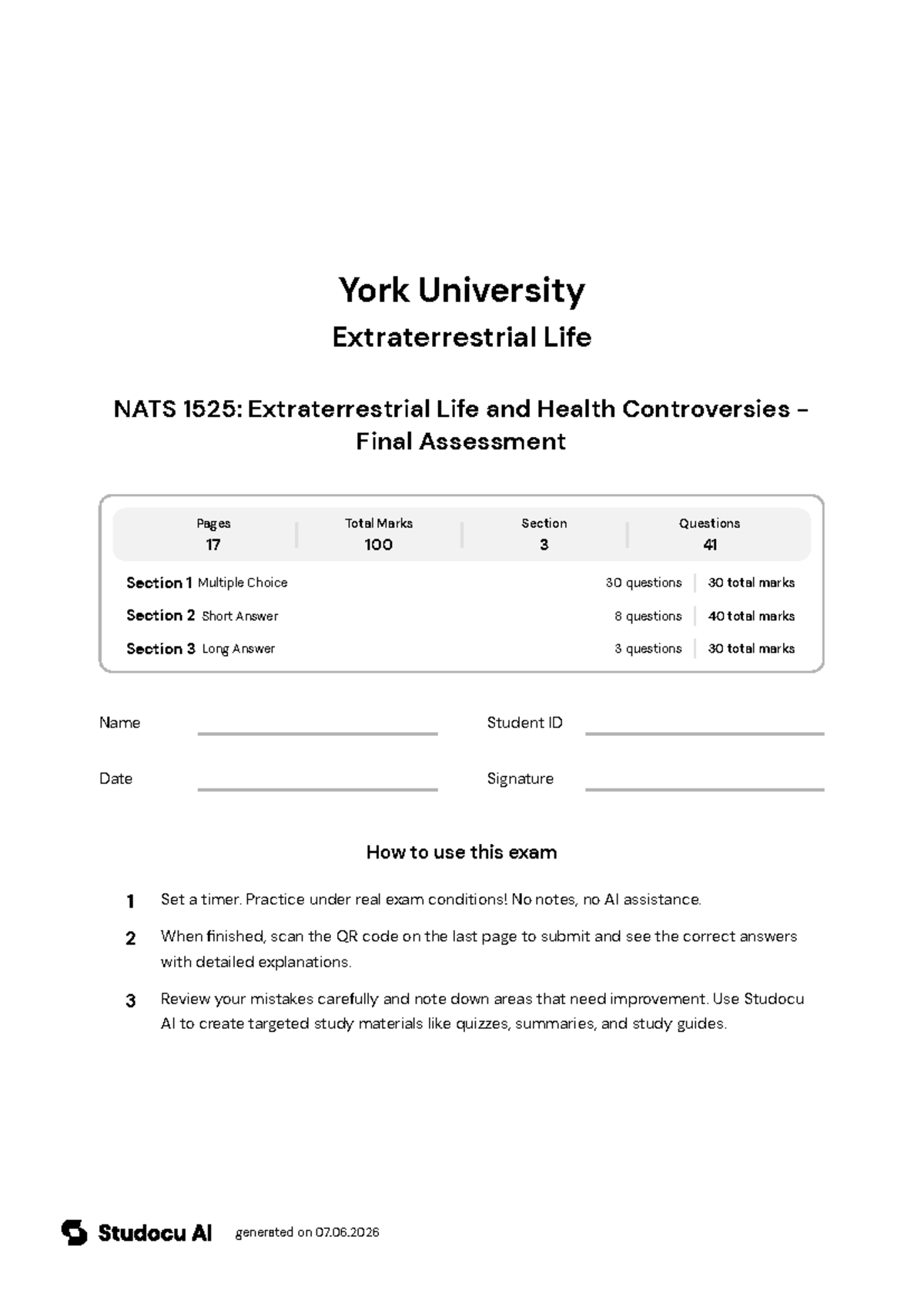 NATS 1525: Extraterrestrial Life - Final Assessment - Studocu