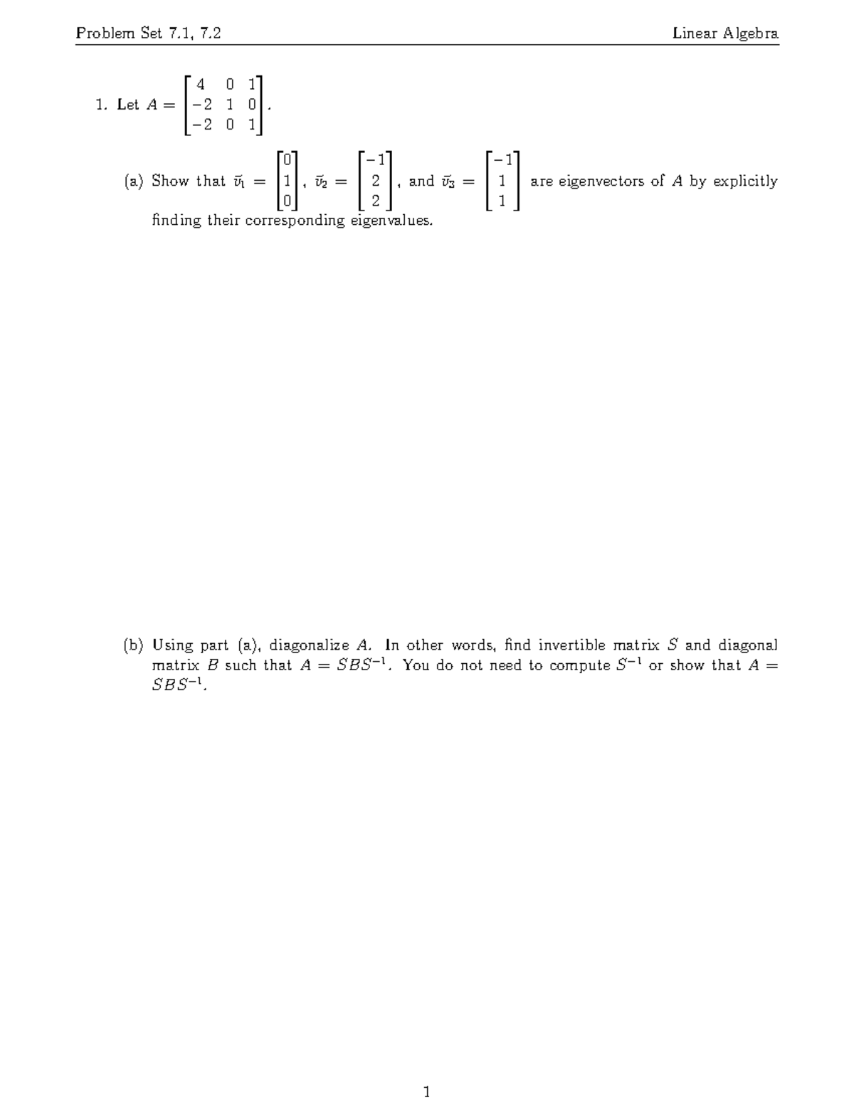 Problem Set 6 Practice Eigenvalues And Diagonalization In Linear