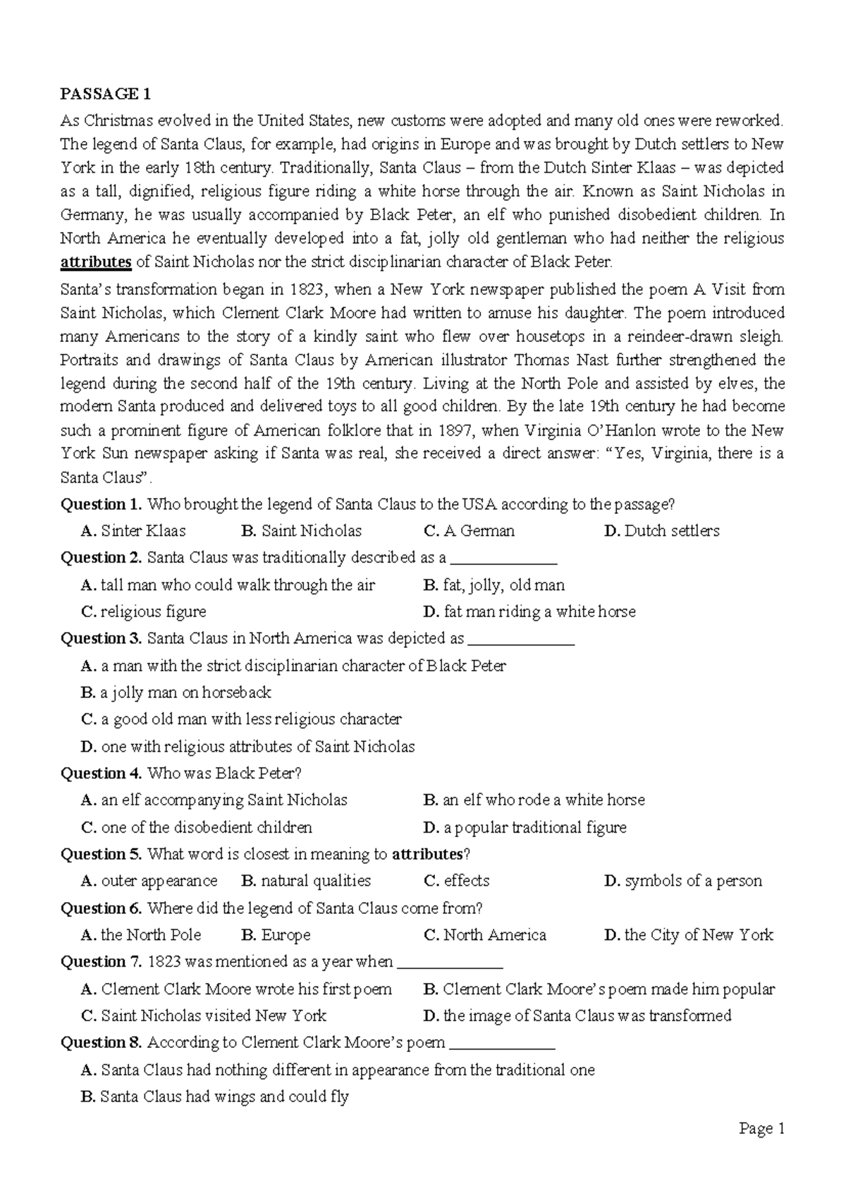 Passage 1 - Reading on the Evolution of Santa Claus - Studocu