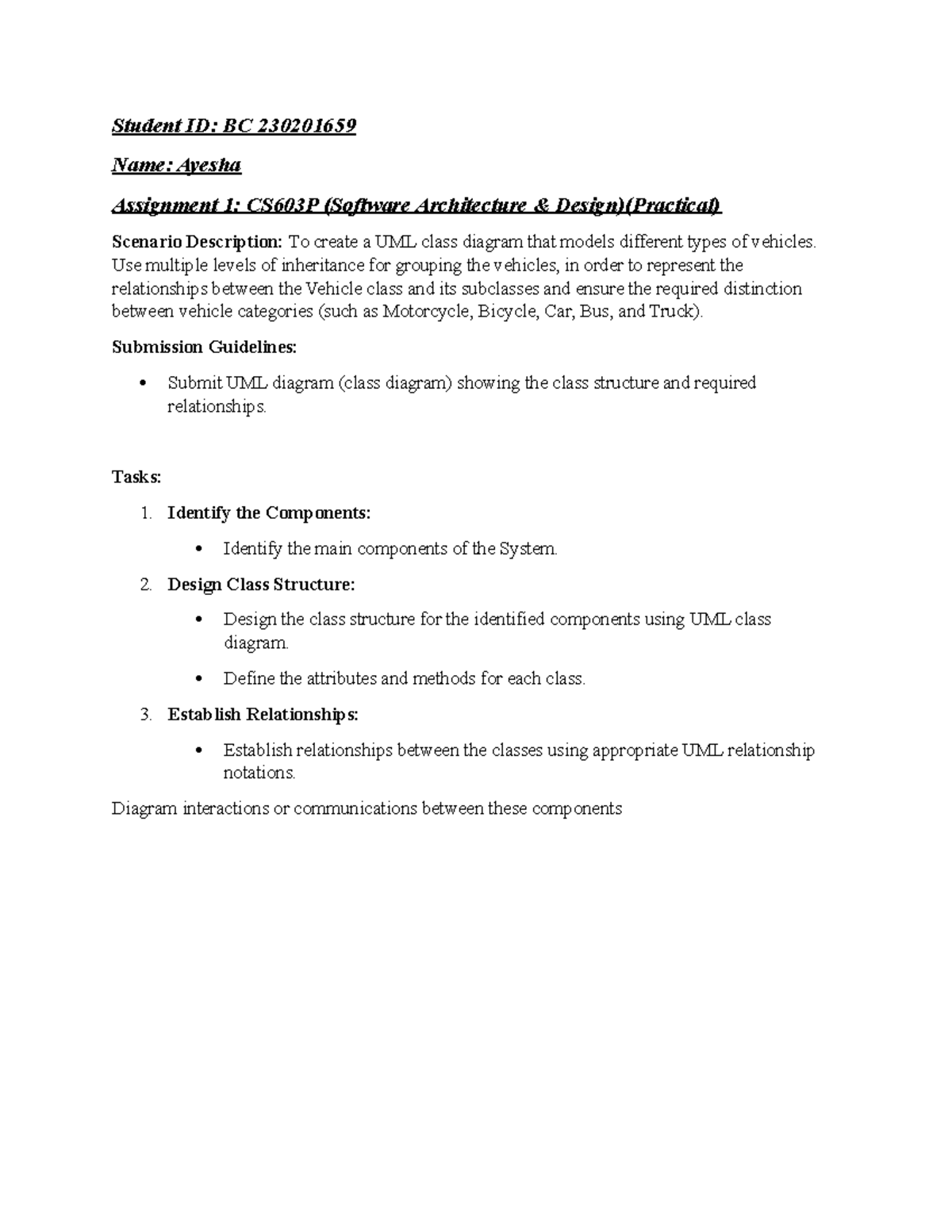 CS603P Assignment 1: UML Class Diagram for Vehicle Types - Studocu