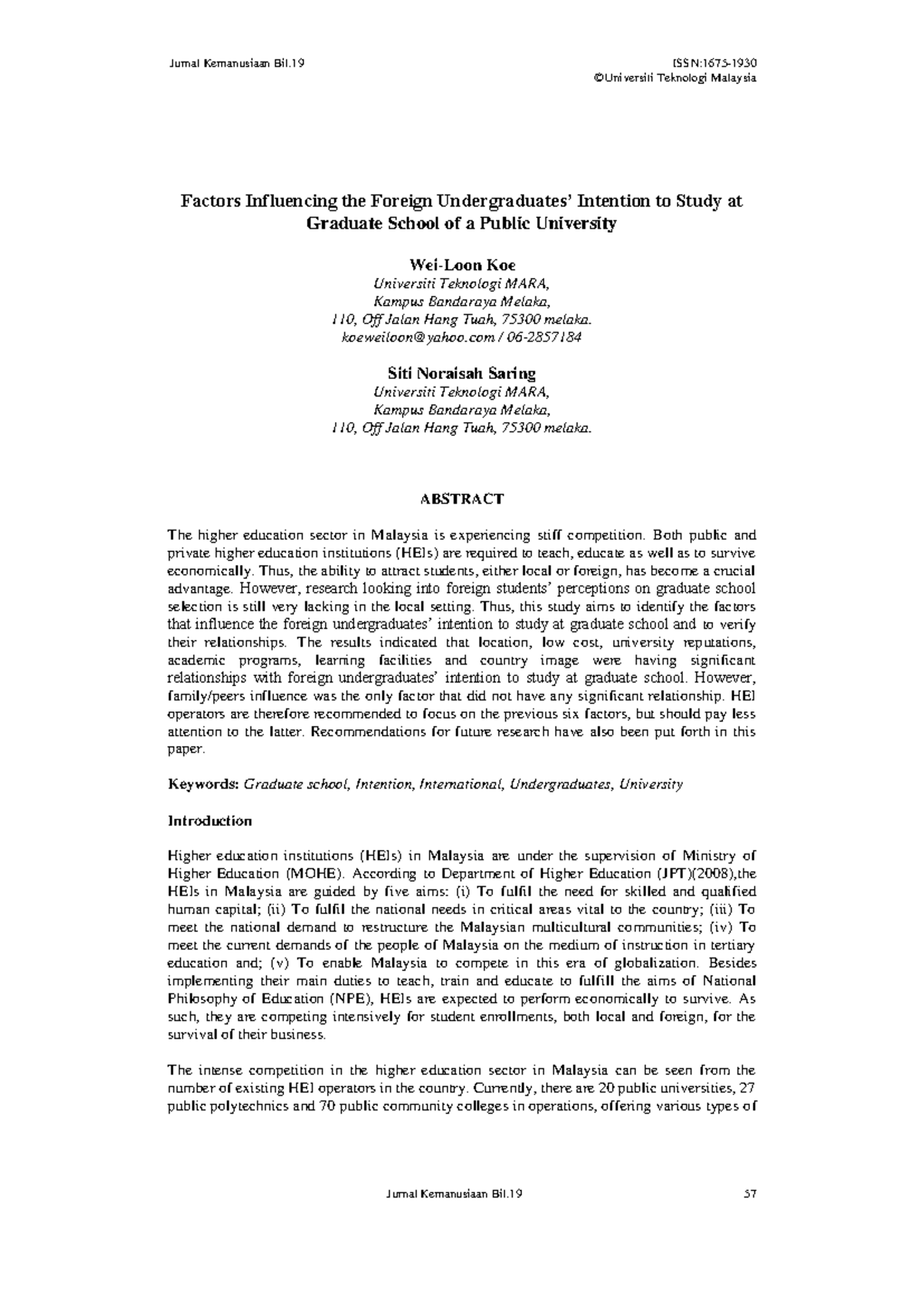 Factors Influencing Foreign Undergraduates' Intentions for Grad School ...
