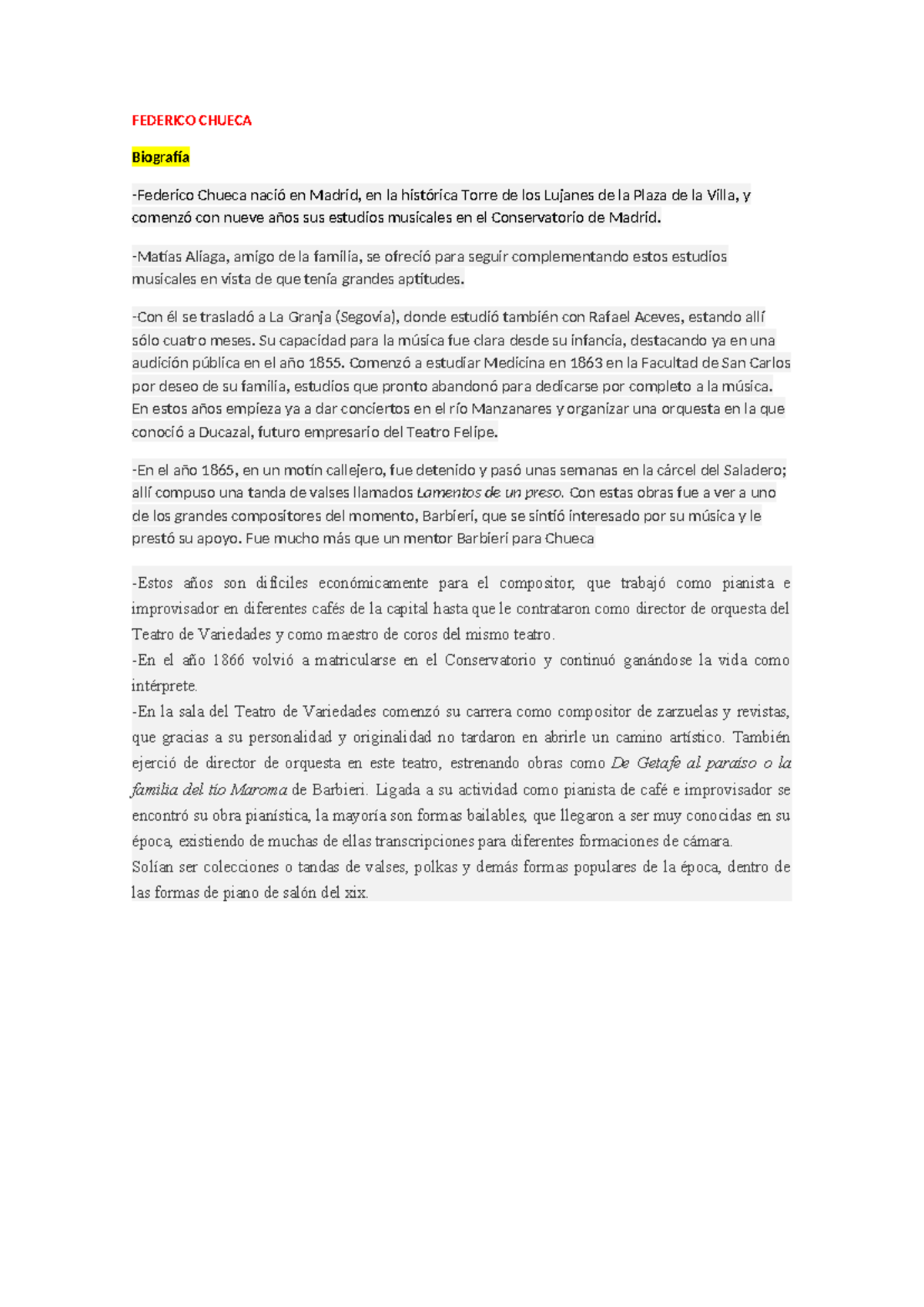 Biografía de Federico Chueca - Compositor de Zarzuela y Música - Studocu