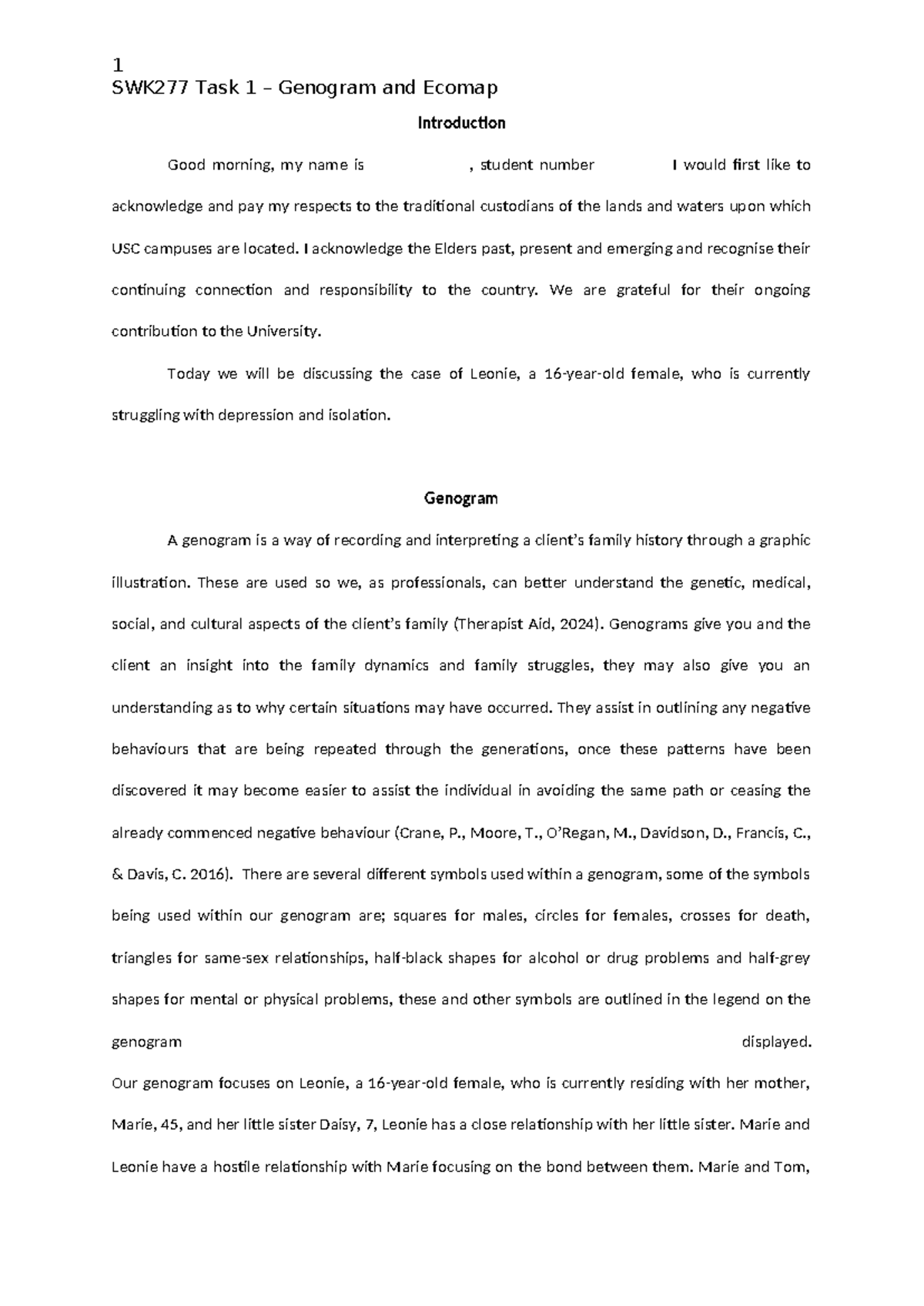 SWK277 Task 1: Genogram and ecomap analysis of Leonie's case - Studocu