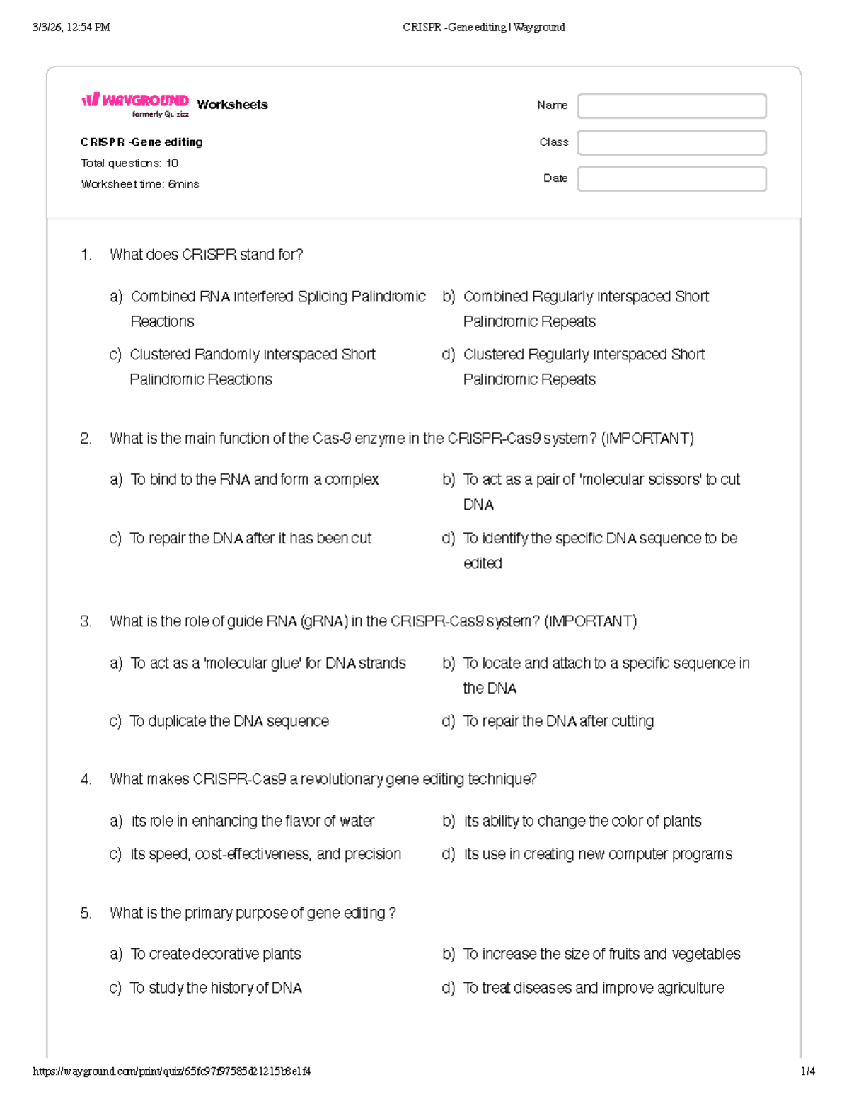 CRISPR Gene Editing Worksheet - Total Questions: 10 - Studocu