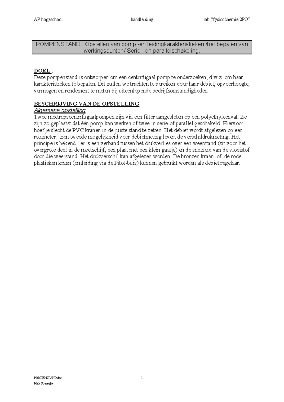 AP Hogeschool Lab Handleiding: Pomp Karakteristieken en Schakelingen - Studocu