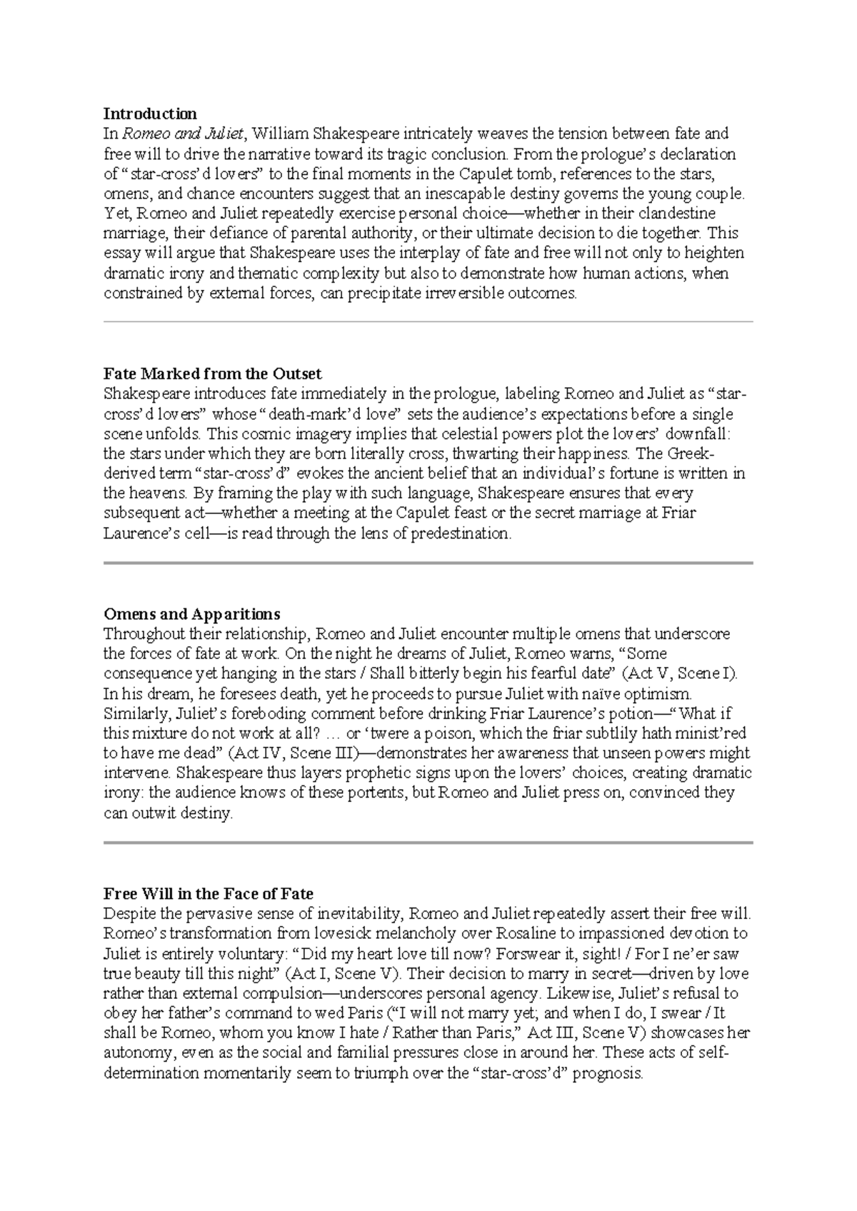 ENG 201: Essay on Fate vs. Free Will in Romeo and Juliet - Studocu