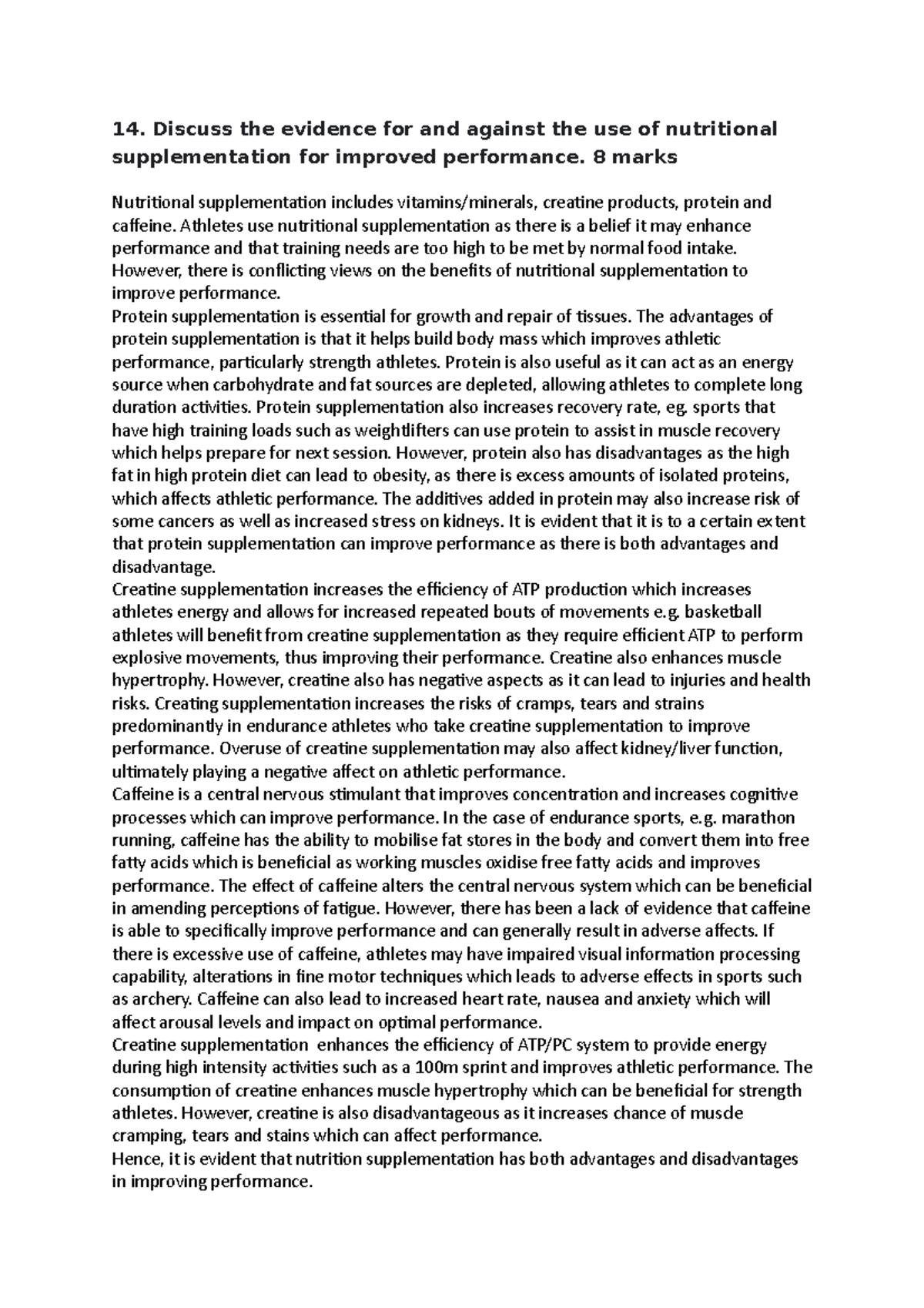 Core 2 PDHPE: Nutritional Supplementation Q&A for Performance - Studocu