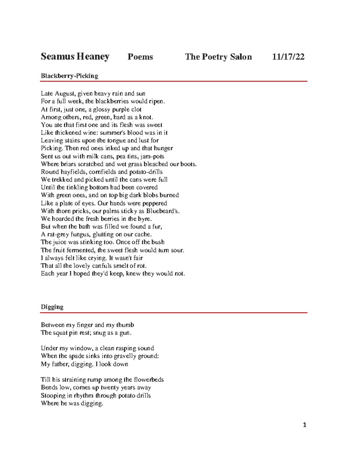 Seamus Heaney: The Poetry Salon Collection of Poems - Studocu
