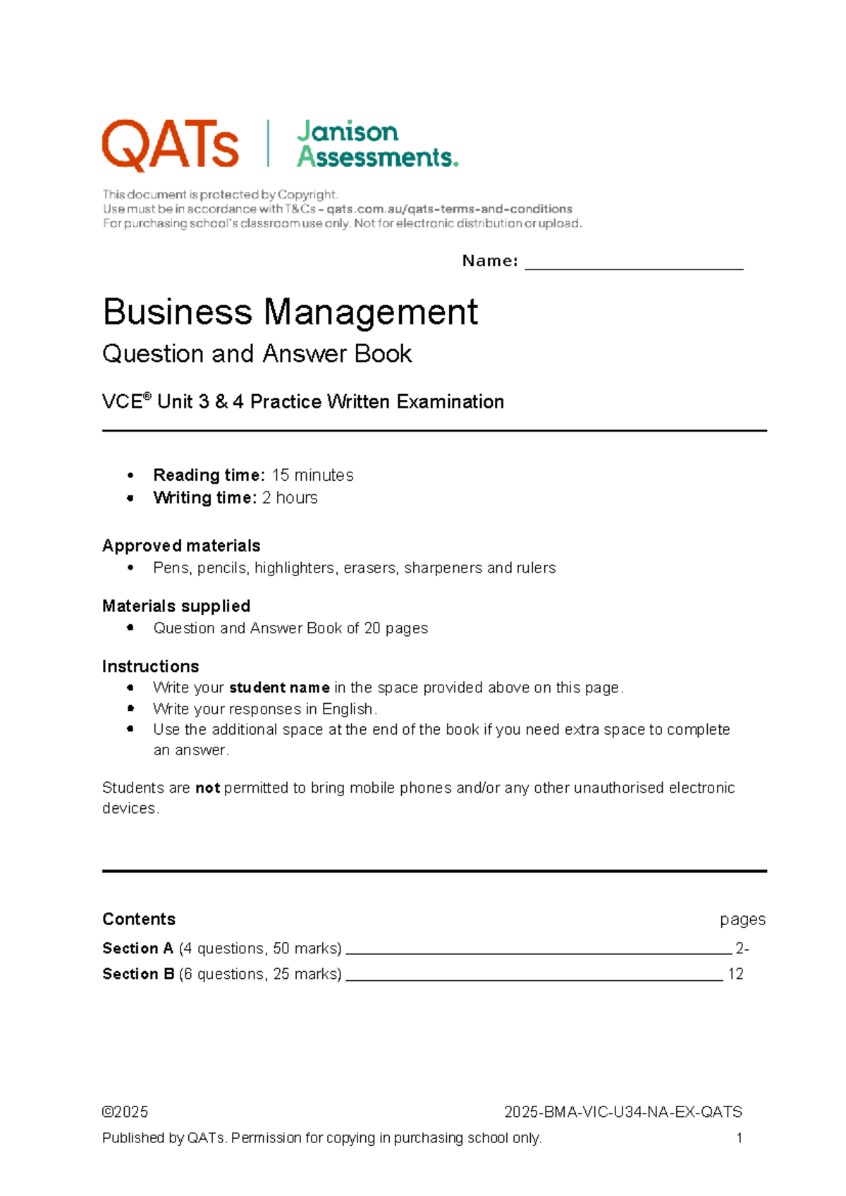 VCE Business Management Practice Exam Unit 3 & 4 QATs 2025 - Studocu