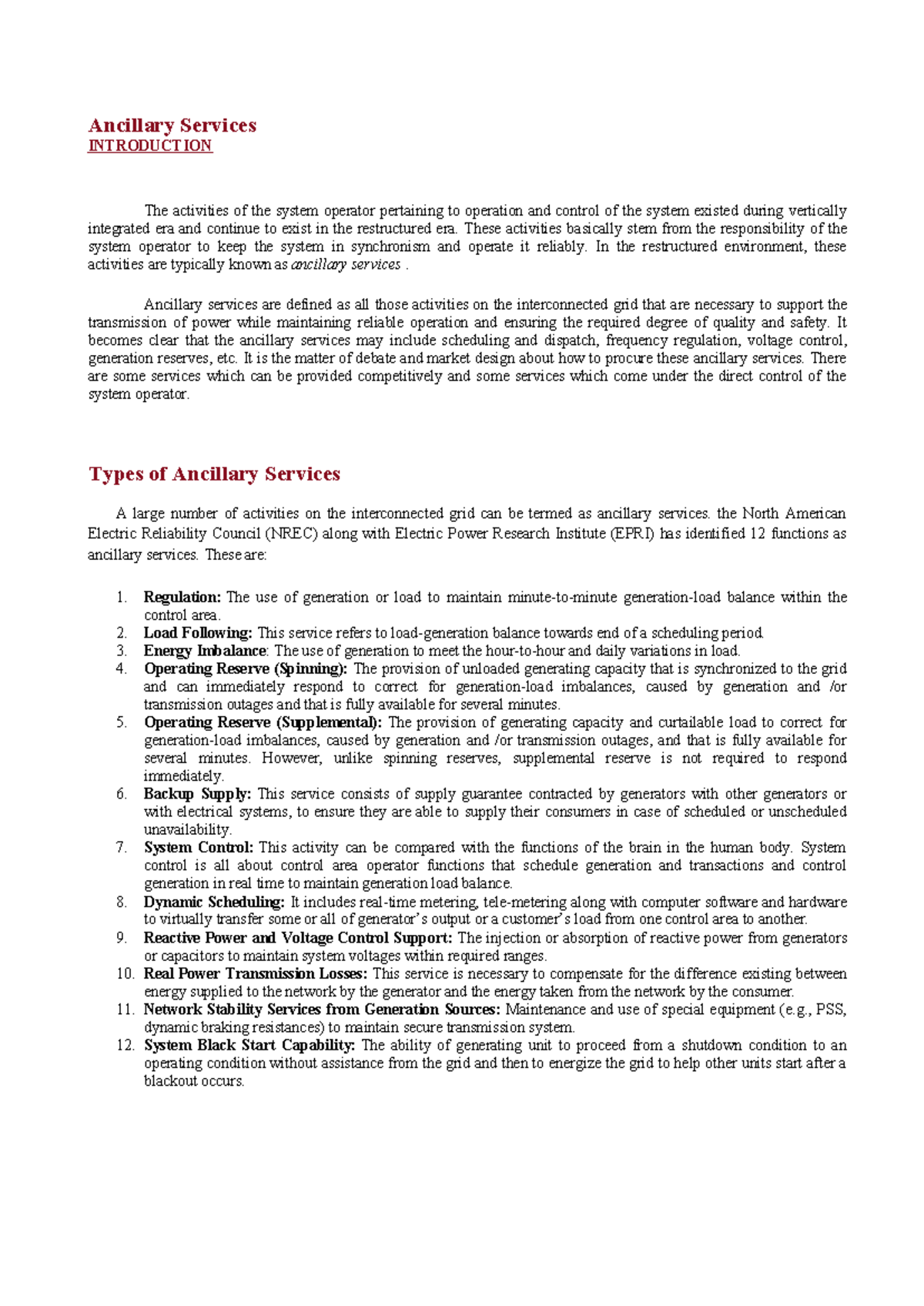 Ancillary Services Overview: Types, Functions, and Market Design (Unit ...