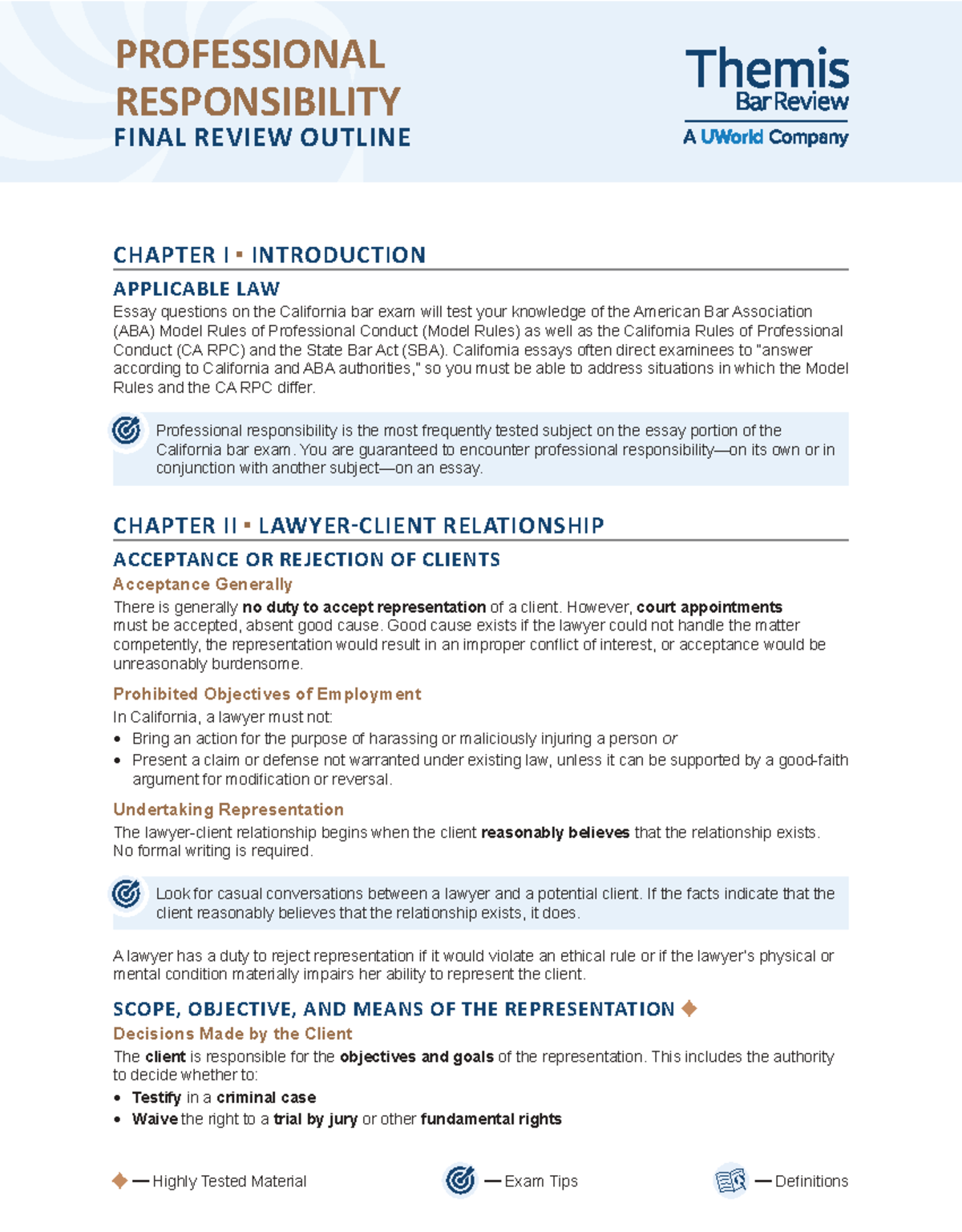 Professional Responsibility (PR 101) Final Review Outline: Key Concepts ...