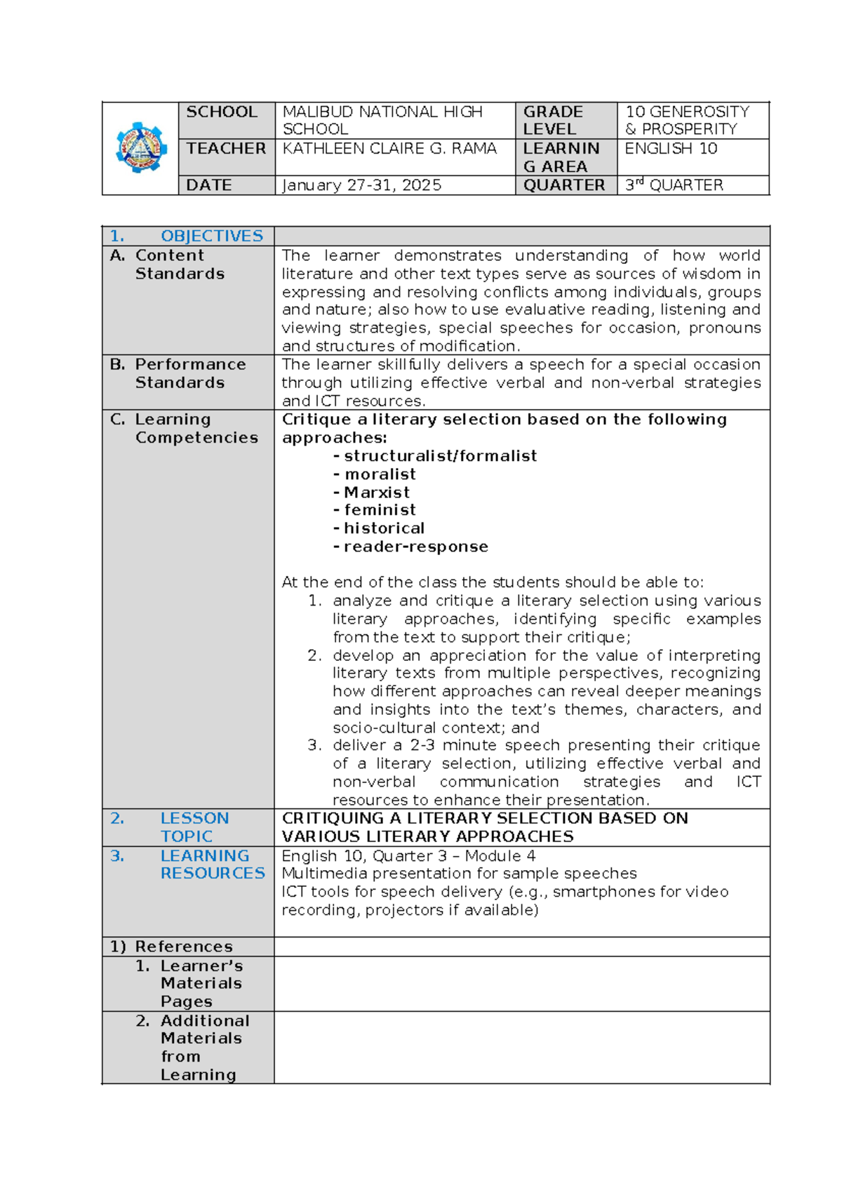 English 10, Quarter 3 Lesson Plan: Critiquing Literary Selections - Studocu