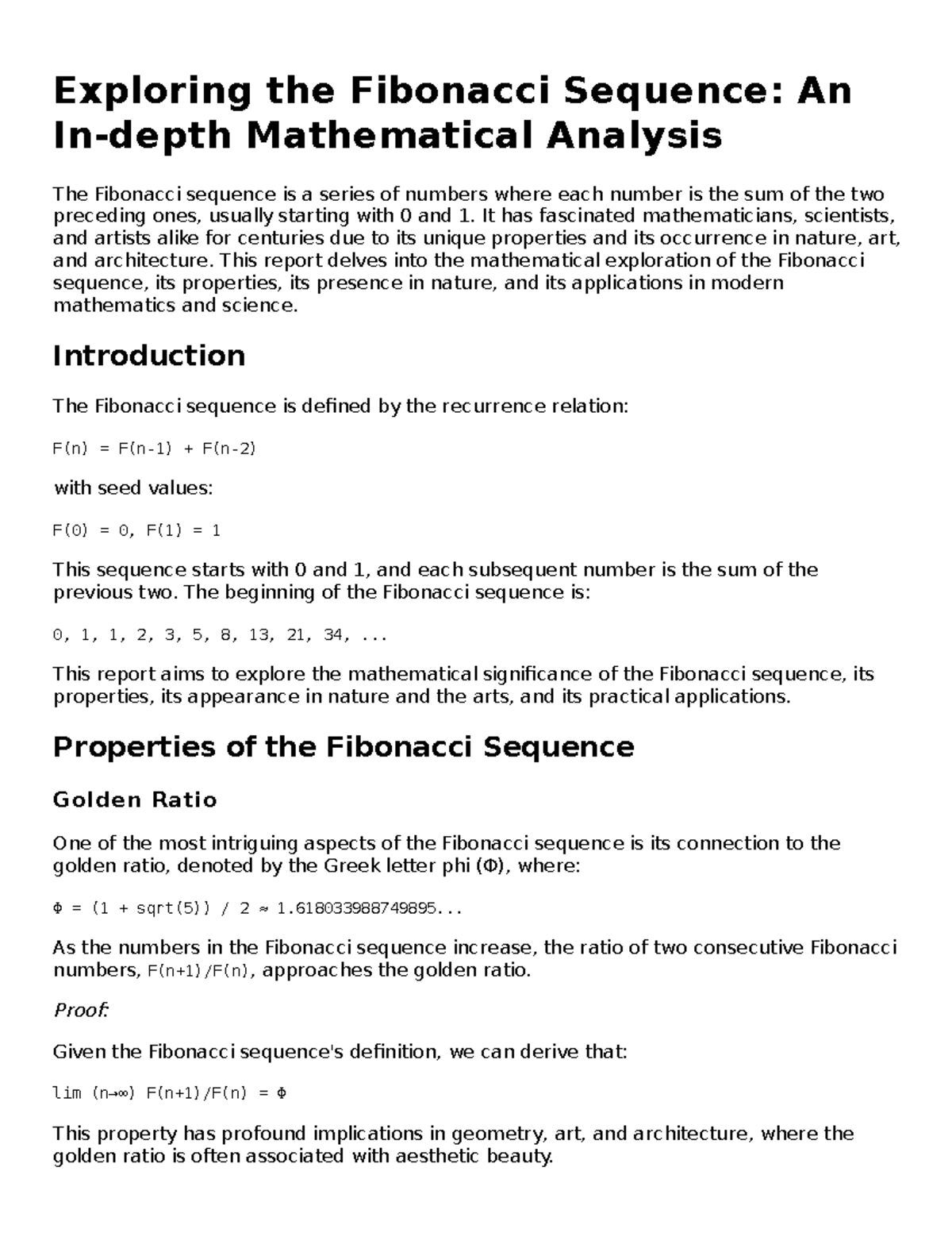 Exploring the Fibonacci Sequence An In-depth Mathematical Analysis ...