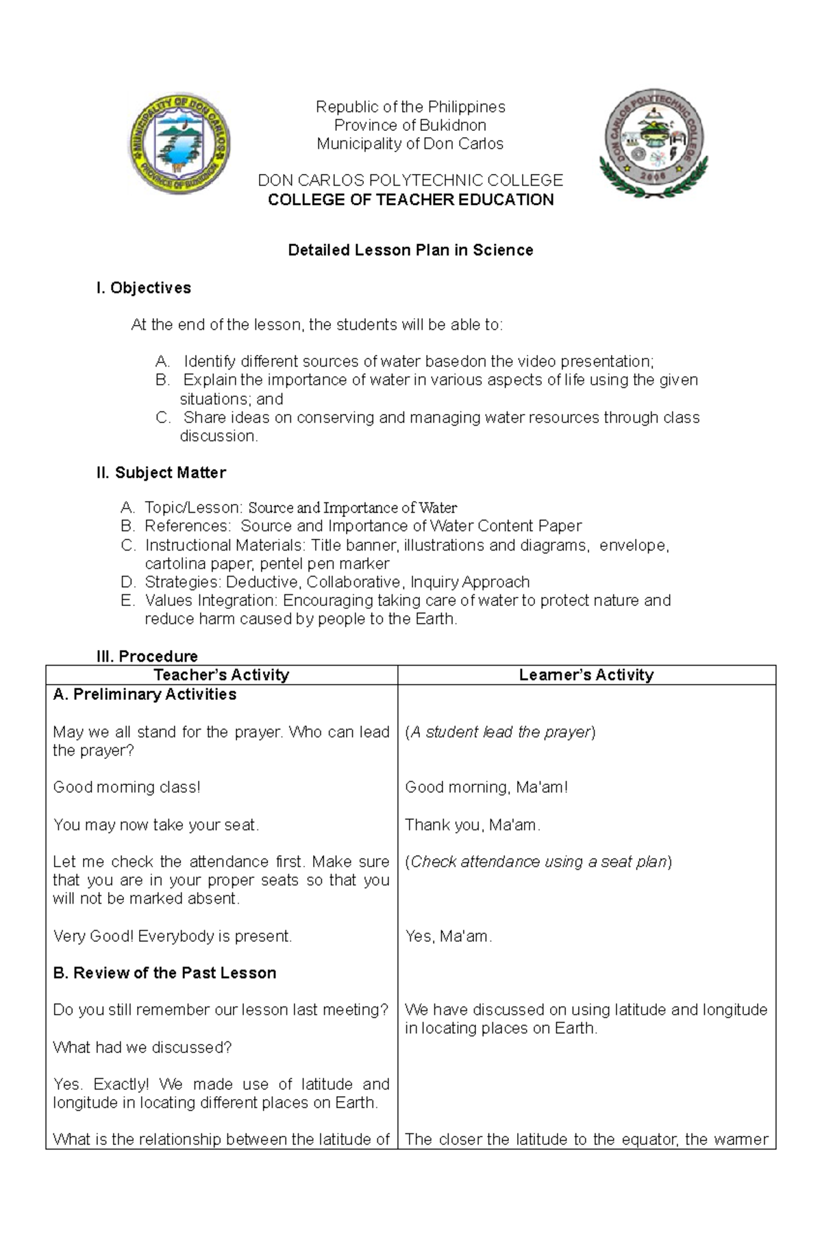 Detailed Lesson Plan: The Importance of Water in Life - Studocu