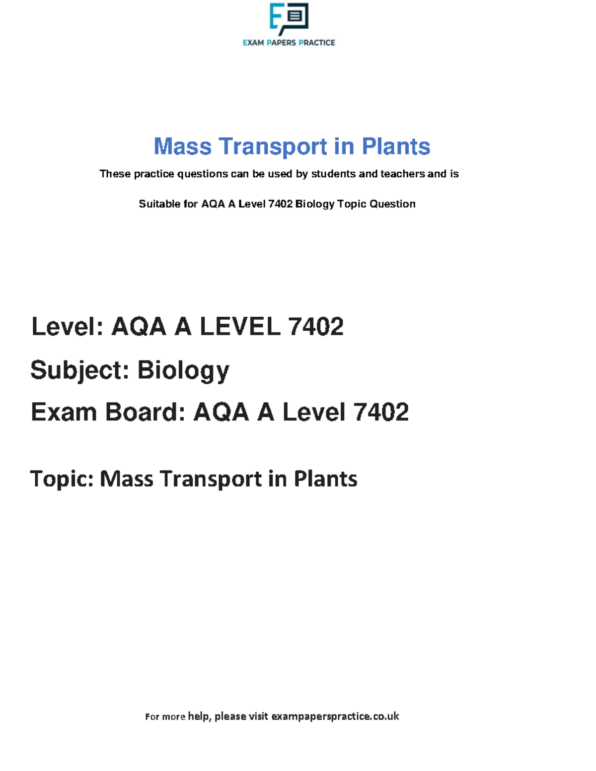 AQA A Level 7402 Biology: Mass Transport in Plants Practice Questions ...