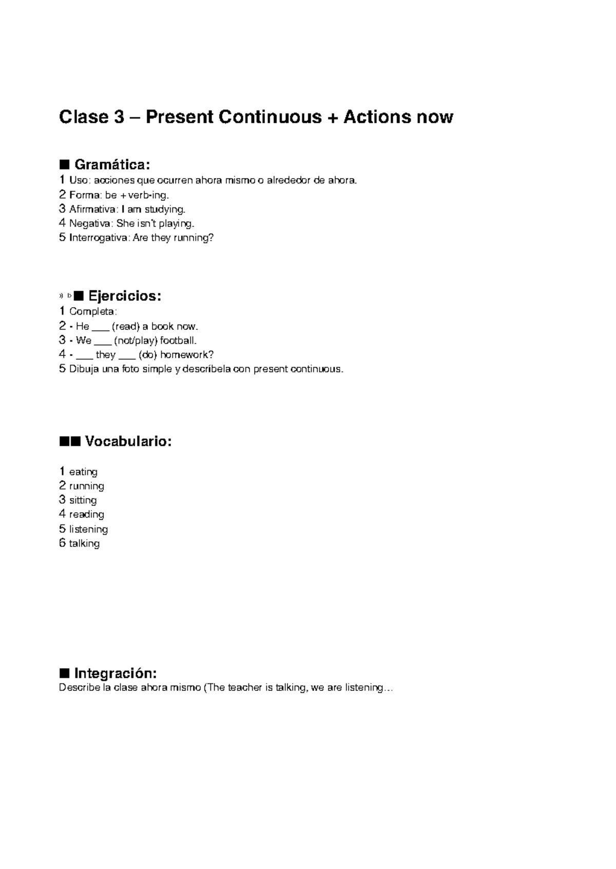 Clase 3 - Present Continuous: Acciones en Curso y Ejercicios - Studocu