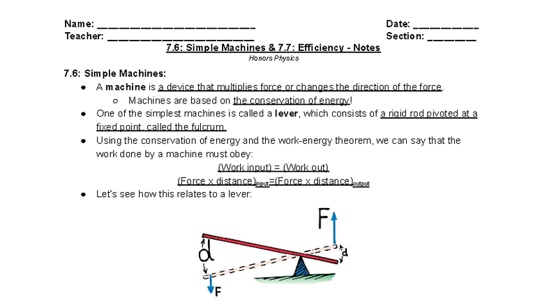 Honors Physics 7.6 Simple Machines & 7.7 Efficiency Notes - Studocu
