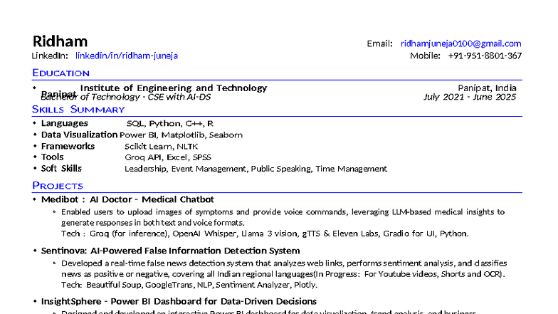 Ridham Data Science Fresher Profile: Skills & Projects Overview - Studocu