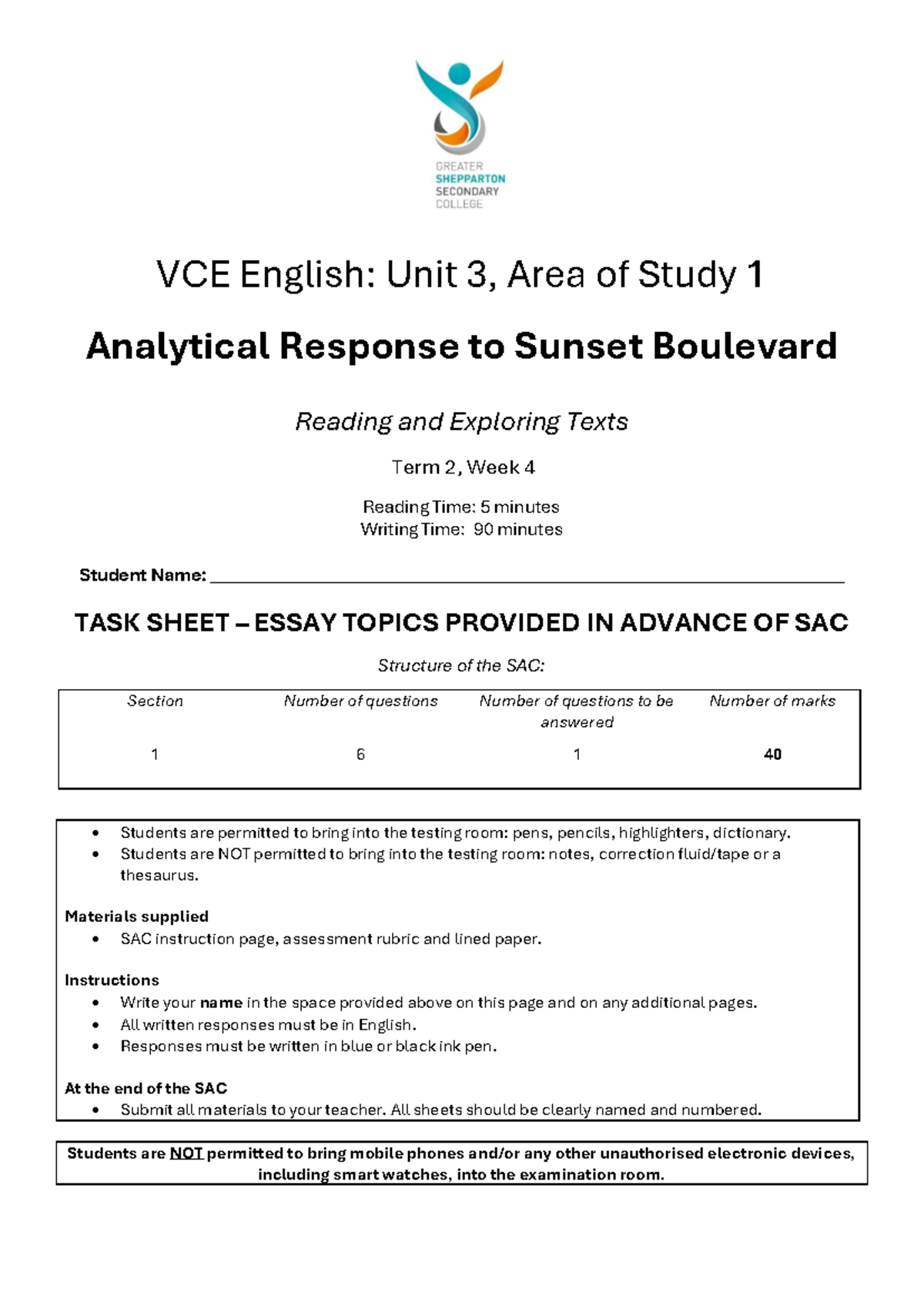 VCE English Unit 3 SAC: Analytical Response to Sunset Boulevard 2025 ...