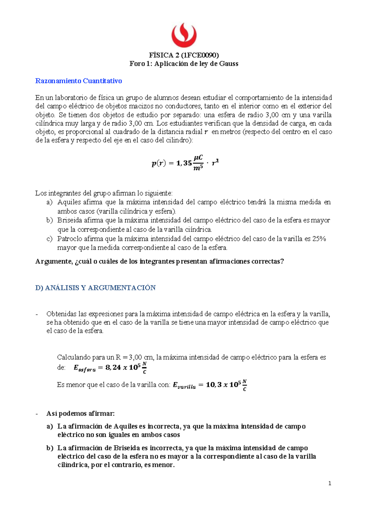 FÍSICA 2 (1FCE0090) Foro 1: Ley de Gauss y Campo Eléctrico - Studocu