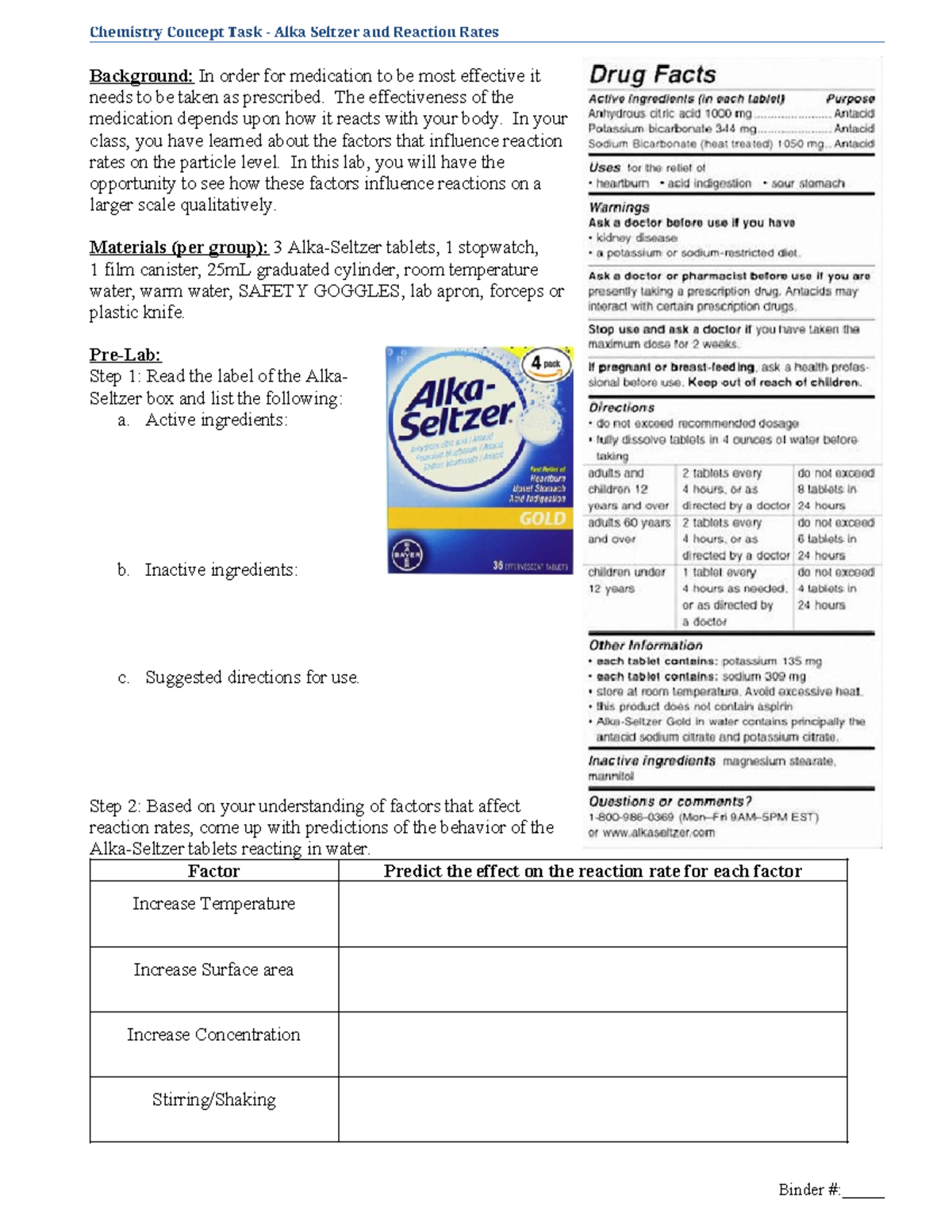 Chemistry Lab: Alka Seltzer and Reaction Rates Experiment - Studocu