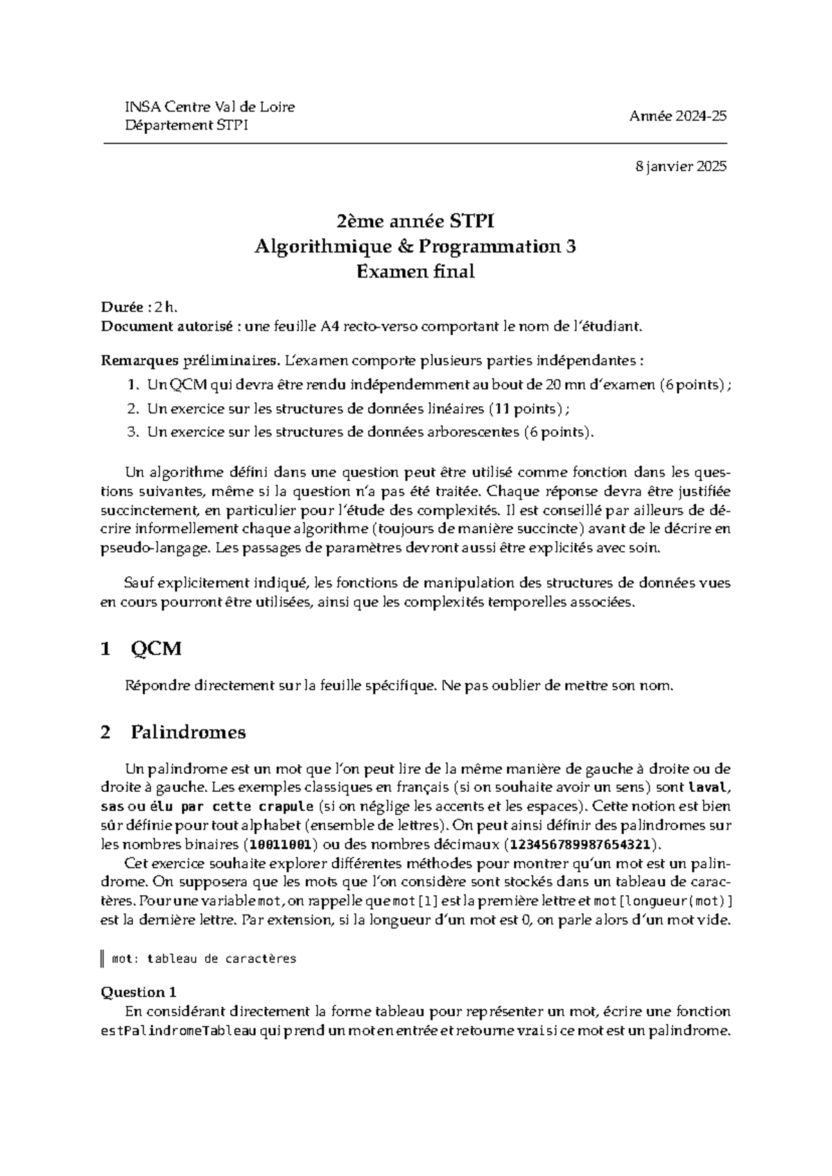 AP3 2024-25 Examen Final Algorithmique et Programmation 3 - Studocu