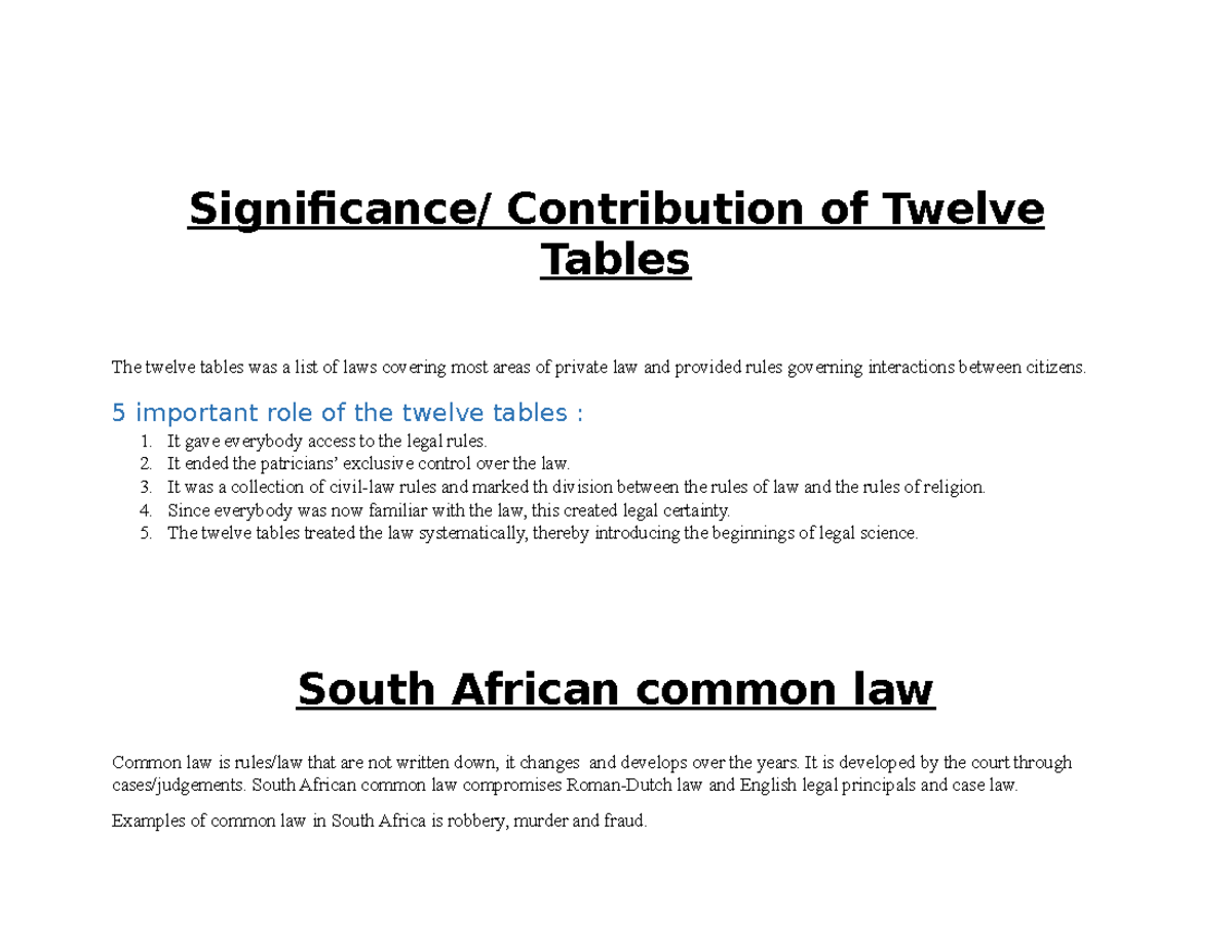 LHF Assignment - Impact of Twelve Tables & SA Legal System Analysis ...