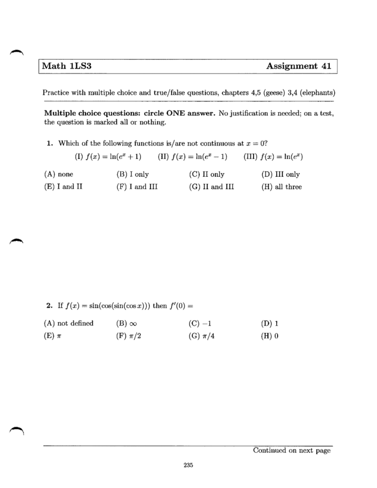 Math 1LS3 Assignment 41 practice with multiple choice questions - Studocu