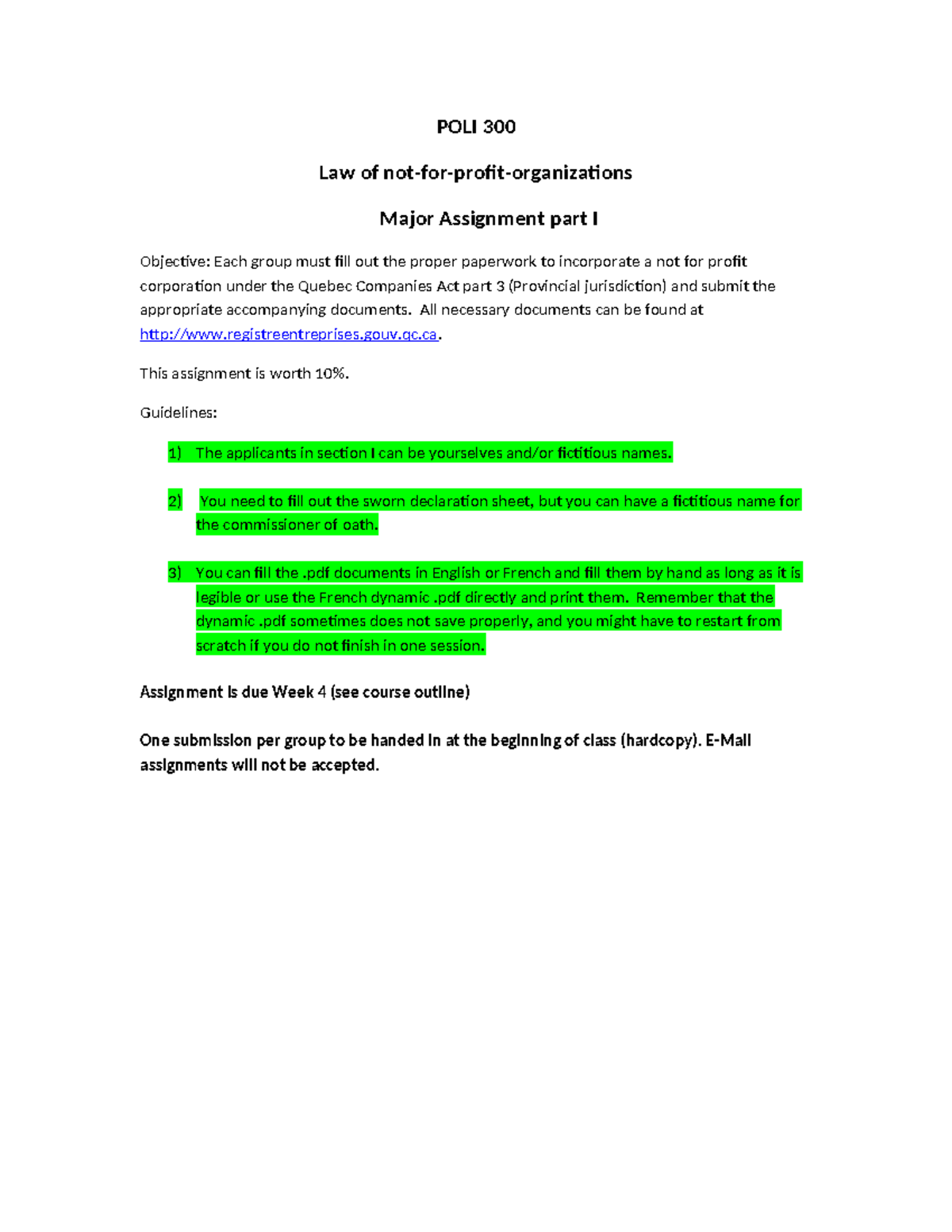 POLI 300 Major Assignment Part I: Incorporating a Non-Profit - Studocu