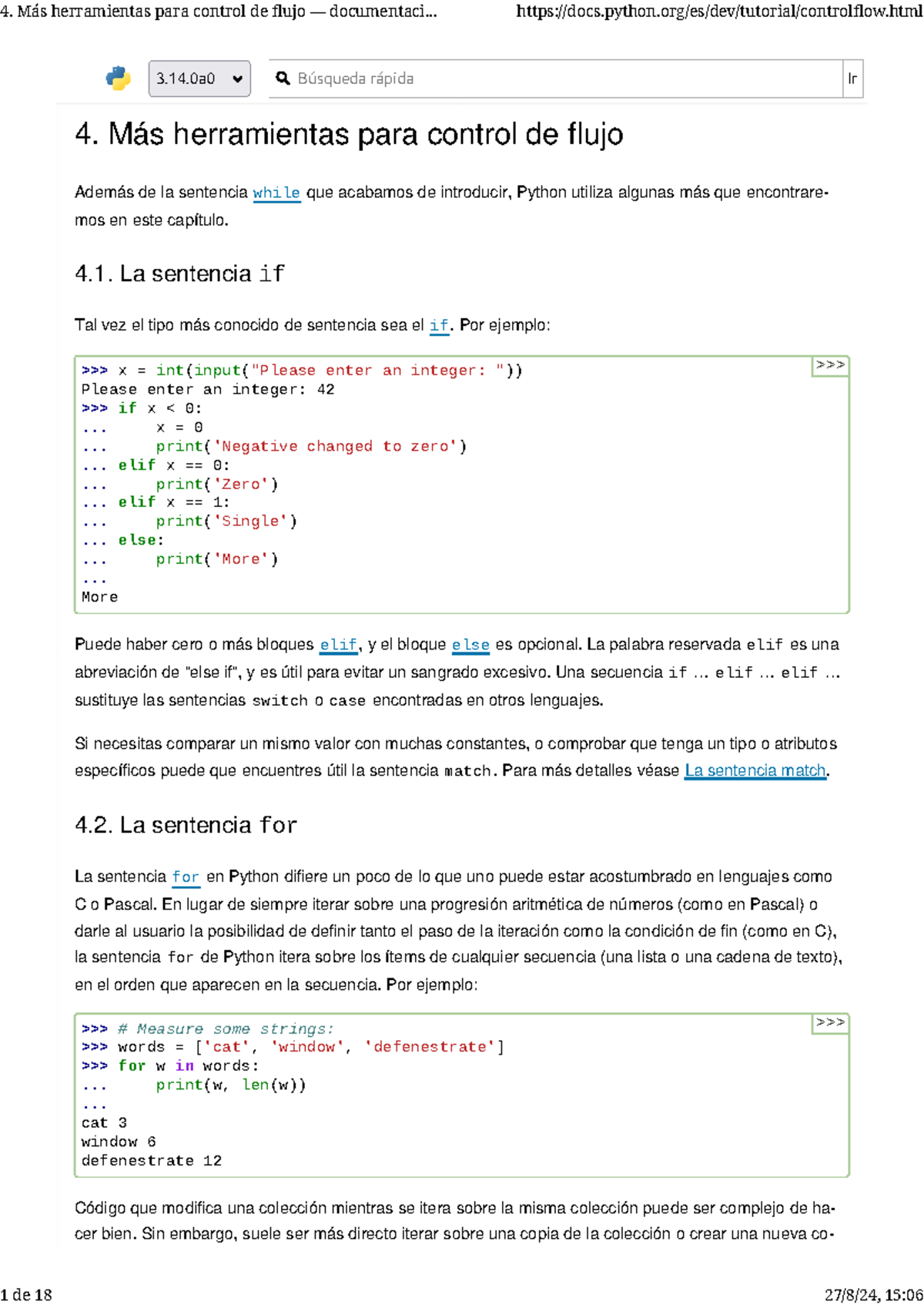 4. Más herramientas para control de flujo en Python - Doc 3.14.0a0 - Studocu