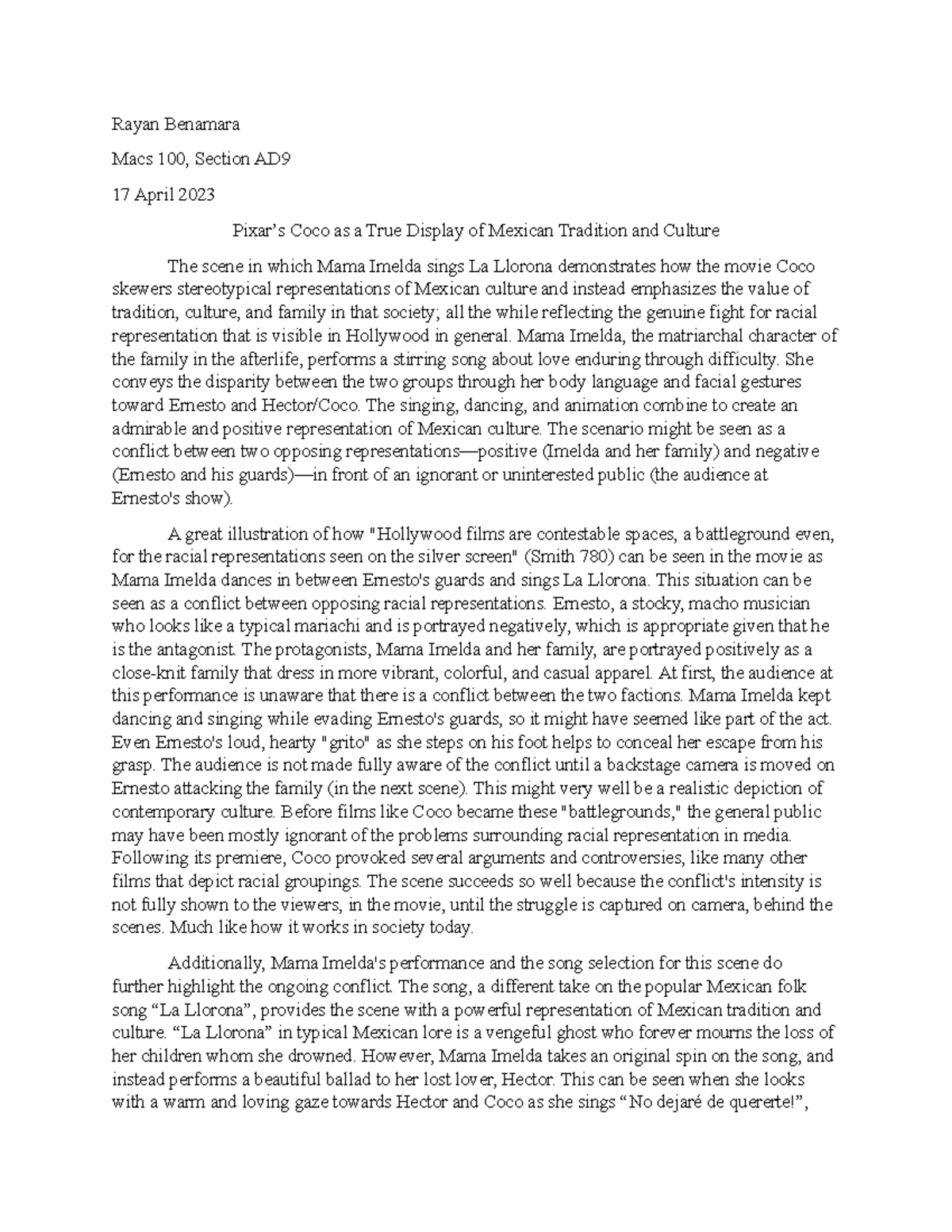 MACS100 Essay Two - Analysis of Race & Culture in Pixar's Coco - Studocu