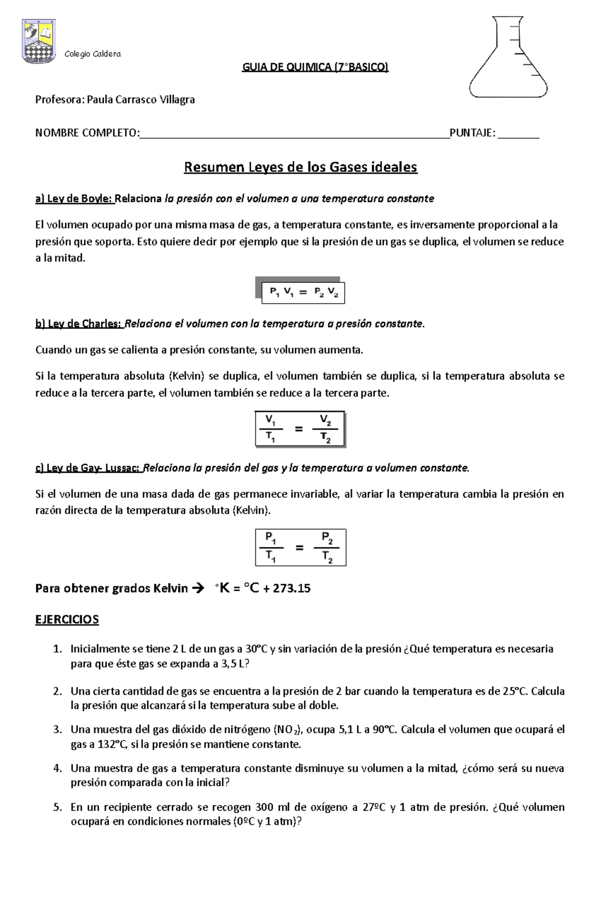 Guia Quimica 7° basico ley de los gases - Colegio Caldera GUIA DE ...