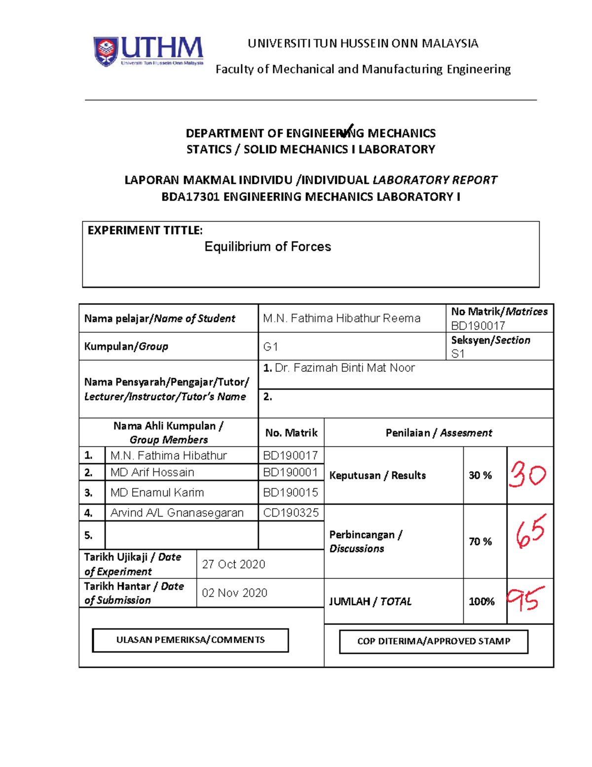 Equilibrium of Forces Lab Report BDA17301 - Week 1 Analysis - Studocu