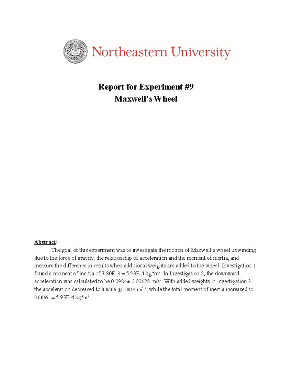 [PHYS 1152, Sec. 45] Experiment 9: Investigating Maxwell's Wheel ...