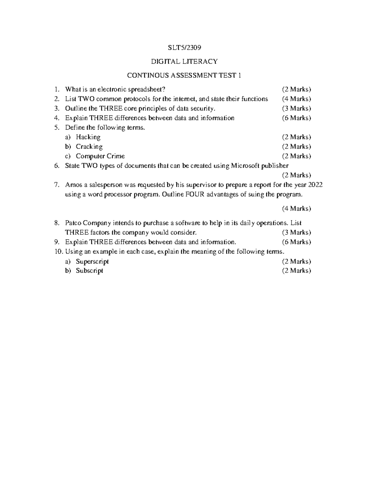 SLT5-CAT 1 & 2 - Digital Literacy Practice Questions & Materials - Studocu