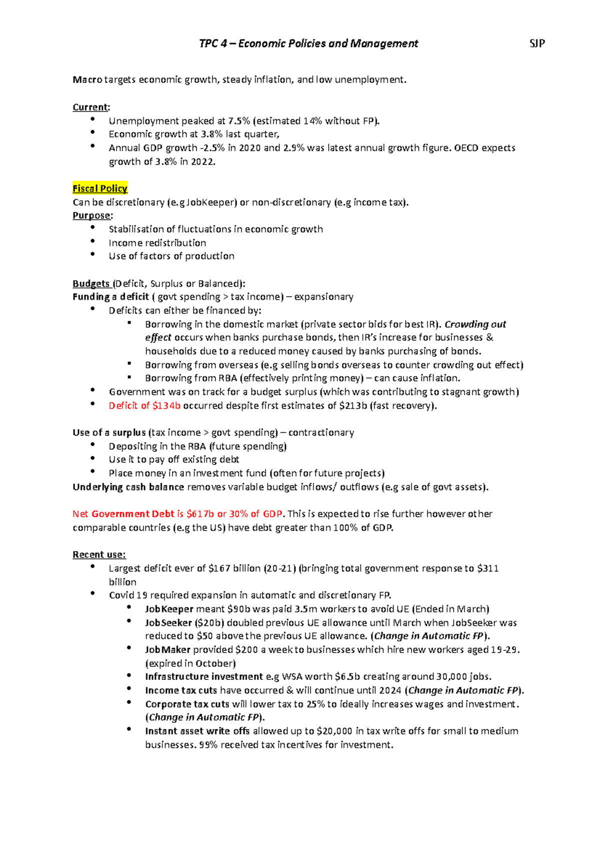 TPC 4 Economic Policies and Management: Key Fiscal and Monetary ...