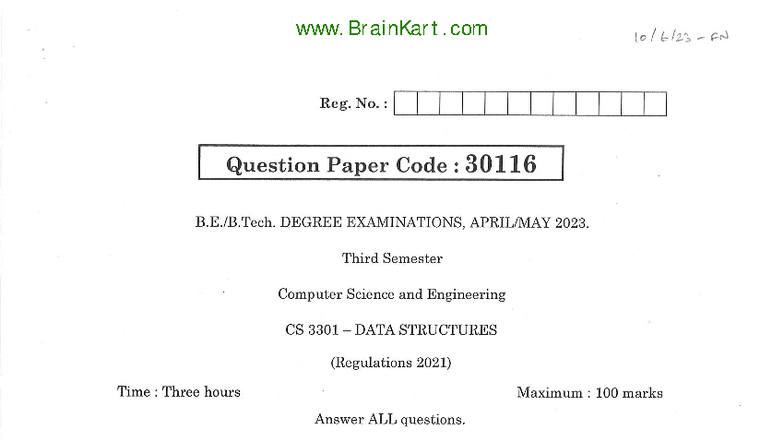 Data Structure - CS3301 2021 Regulation - Question Paper 2023 April May ...