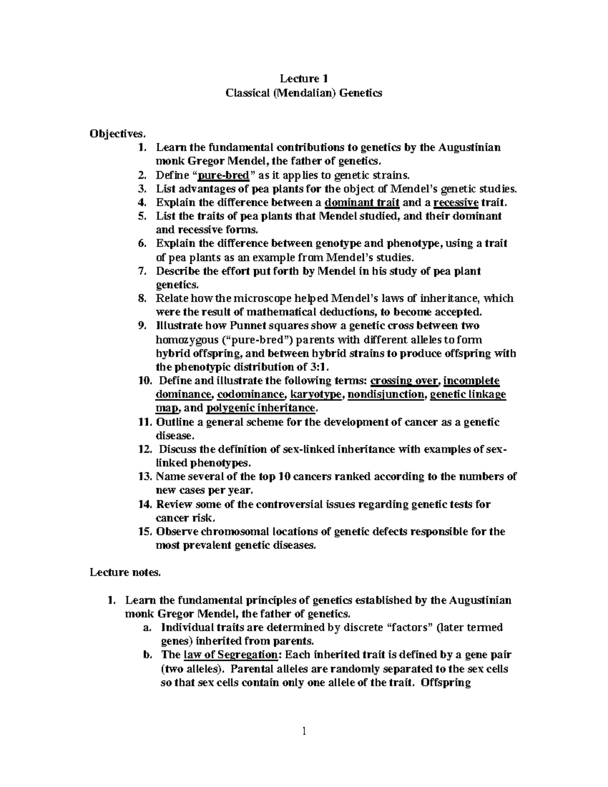 Genetics Lecture Notes: Mendelian Principles (BIO101) - Studocu