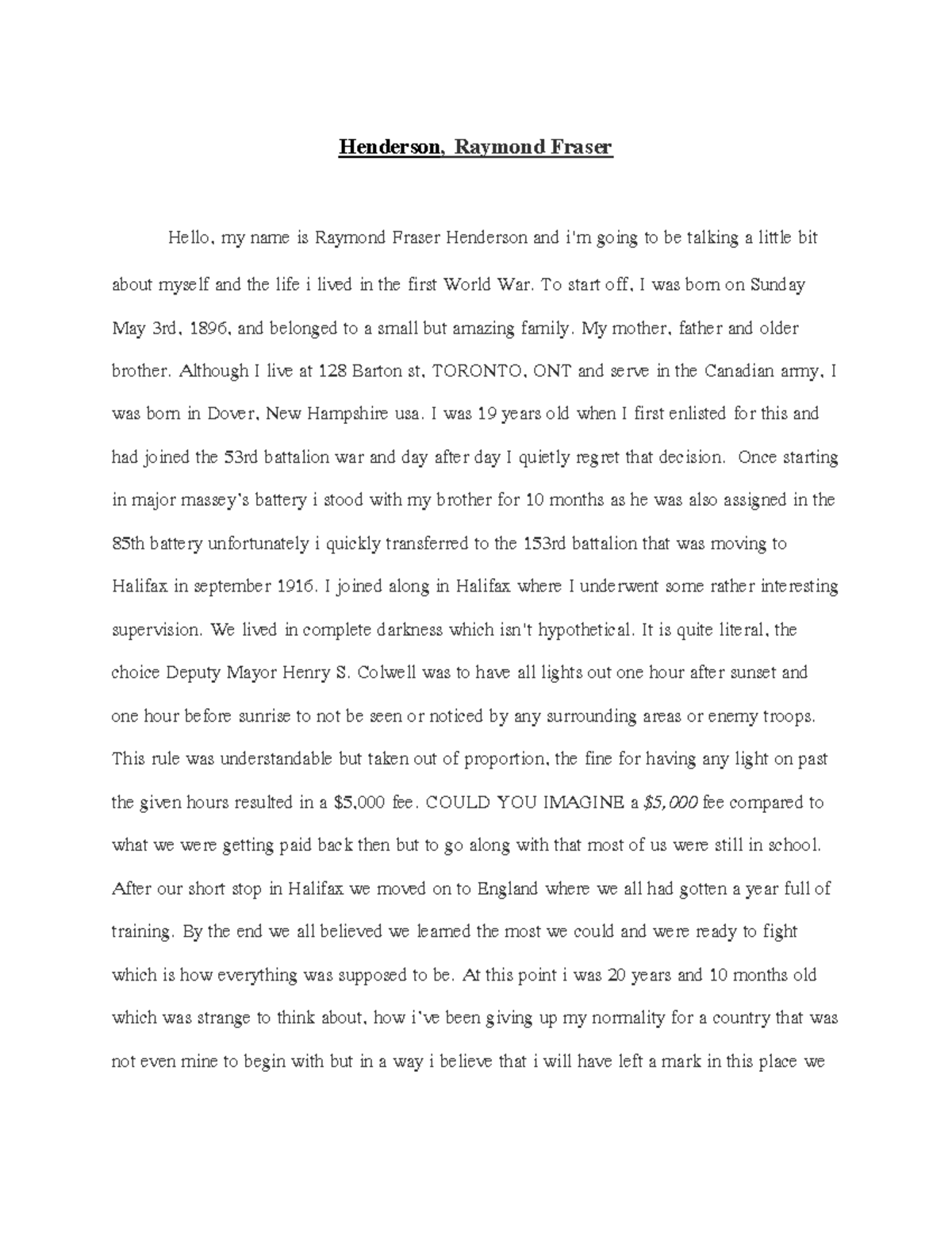 HIST 202: Autobiographical Account of Raymond Fraser Henderson - Studocu