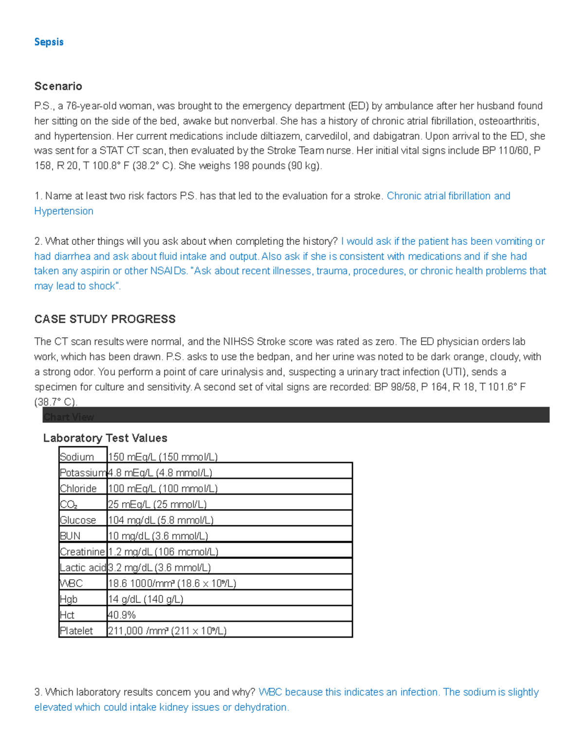 Sepsis Case Study - Scenario P., a 76-year-old woman, was brought to ...