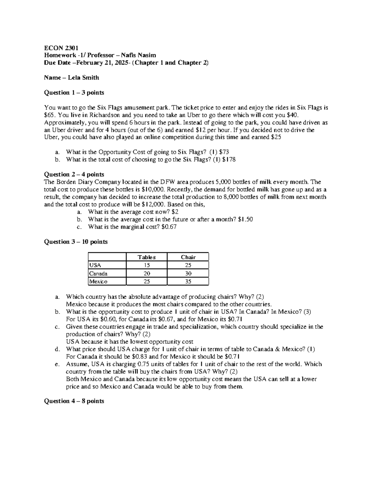 Homework 1 - econ hw 1 - ECON 2301 Homework - 1/ Professor – Nafis ...