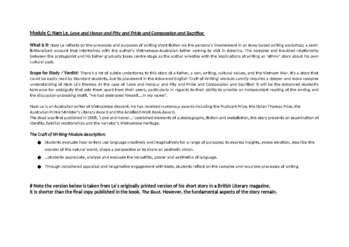 Module C: Annotated Study of Nam Le's "Love and Honor and Pity" - Studocu