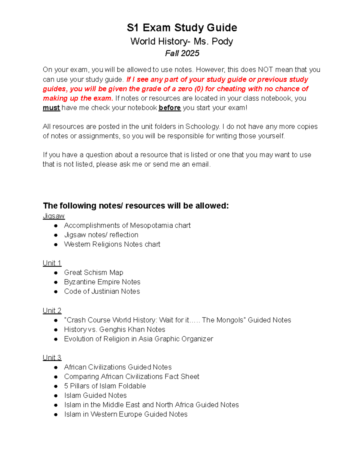 S1 World History Final Exam Study Guide - Fall 2025 - Studocu