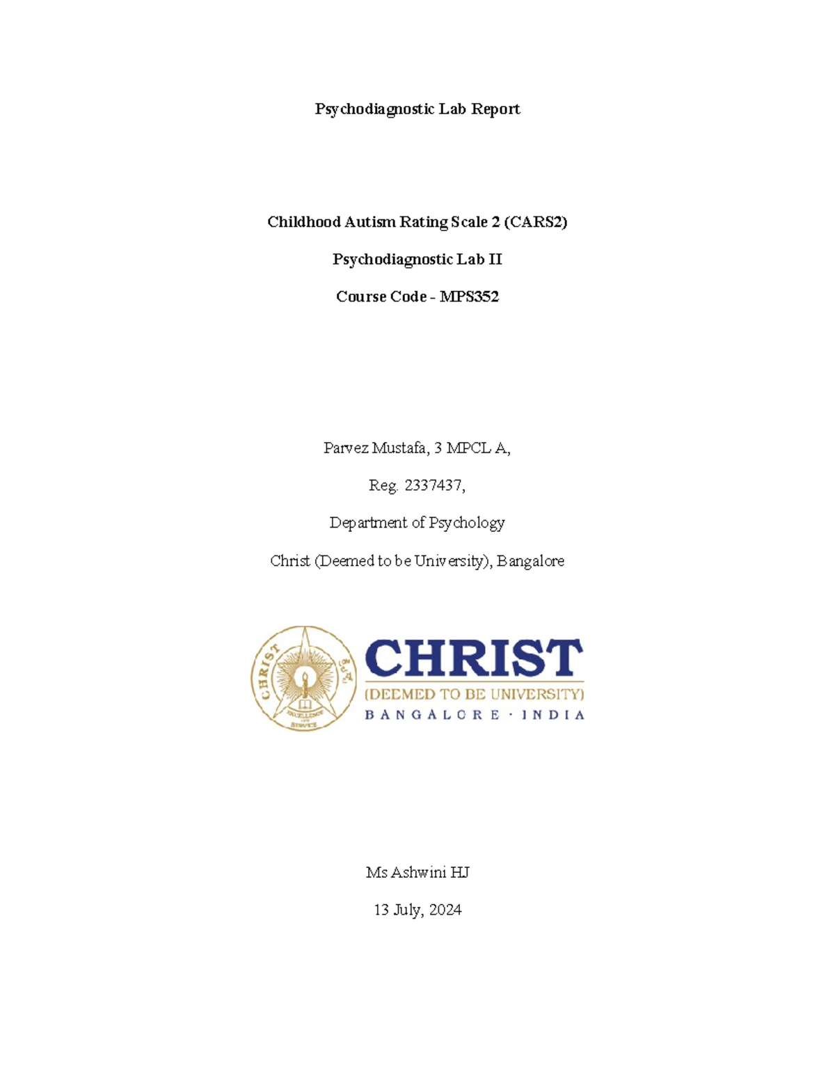 Childhood Autism Rating Scale 2 (CARS2) Lab Report - MPS - Studocu