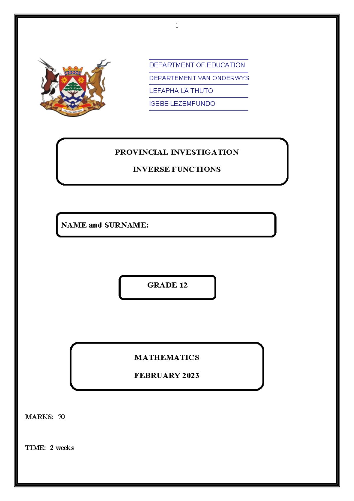 Grade 12 Mathematics Investigation: Inverse Functions Study Guide - Studocu