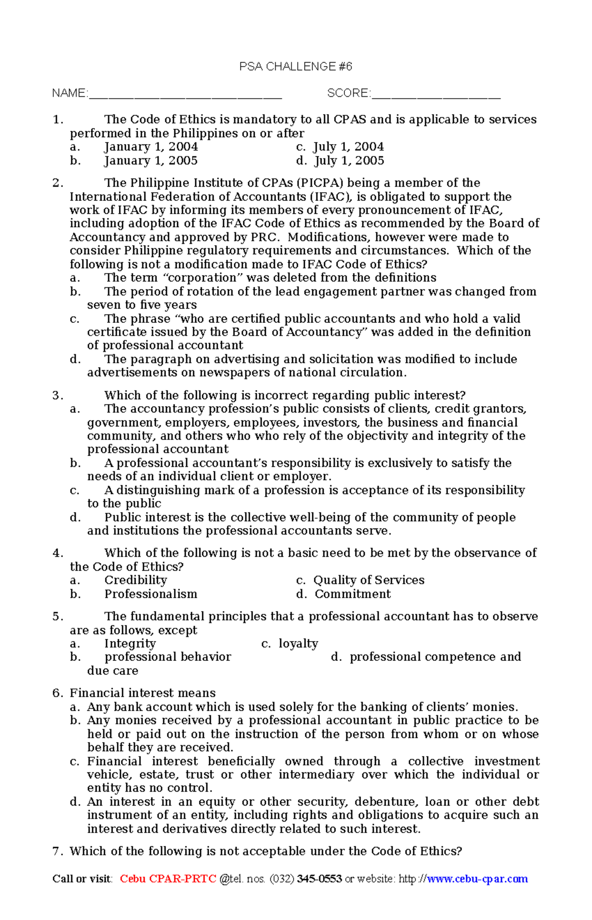 PSA Challenge #6: Code of Ethics for CPAs in the Philippines - Studocu