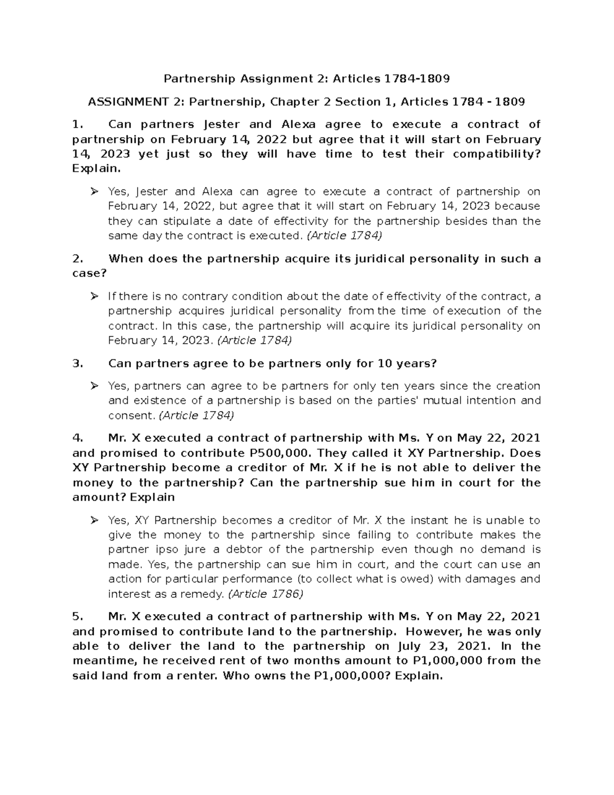 Partnership Insights: Articles 1784-1809 Analysis and Discussion - Studocu
